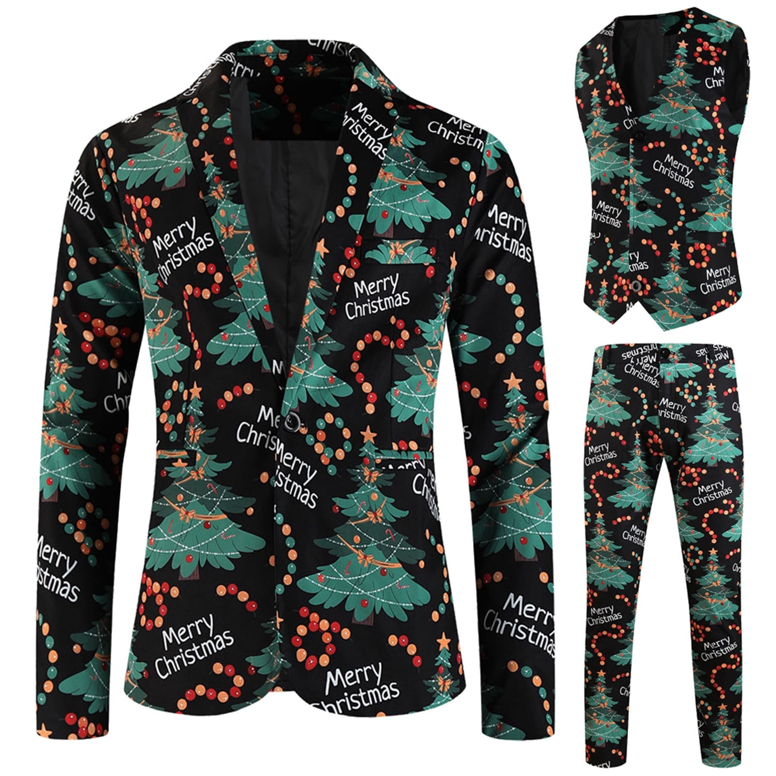 Ugly Christmas Suits for Men 3 Piece Funny Ugly Print Santa Xmas Jacket Blazer Vest And Trousers ...