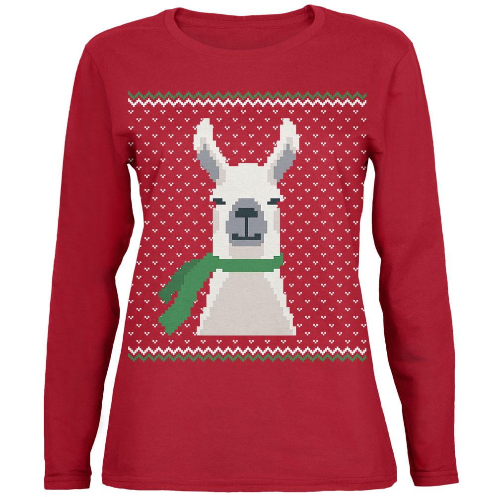 Ugly Christmas Sweater Big Llama Green Womens Long Sleeve T Shirt ...