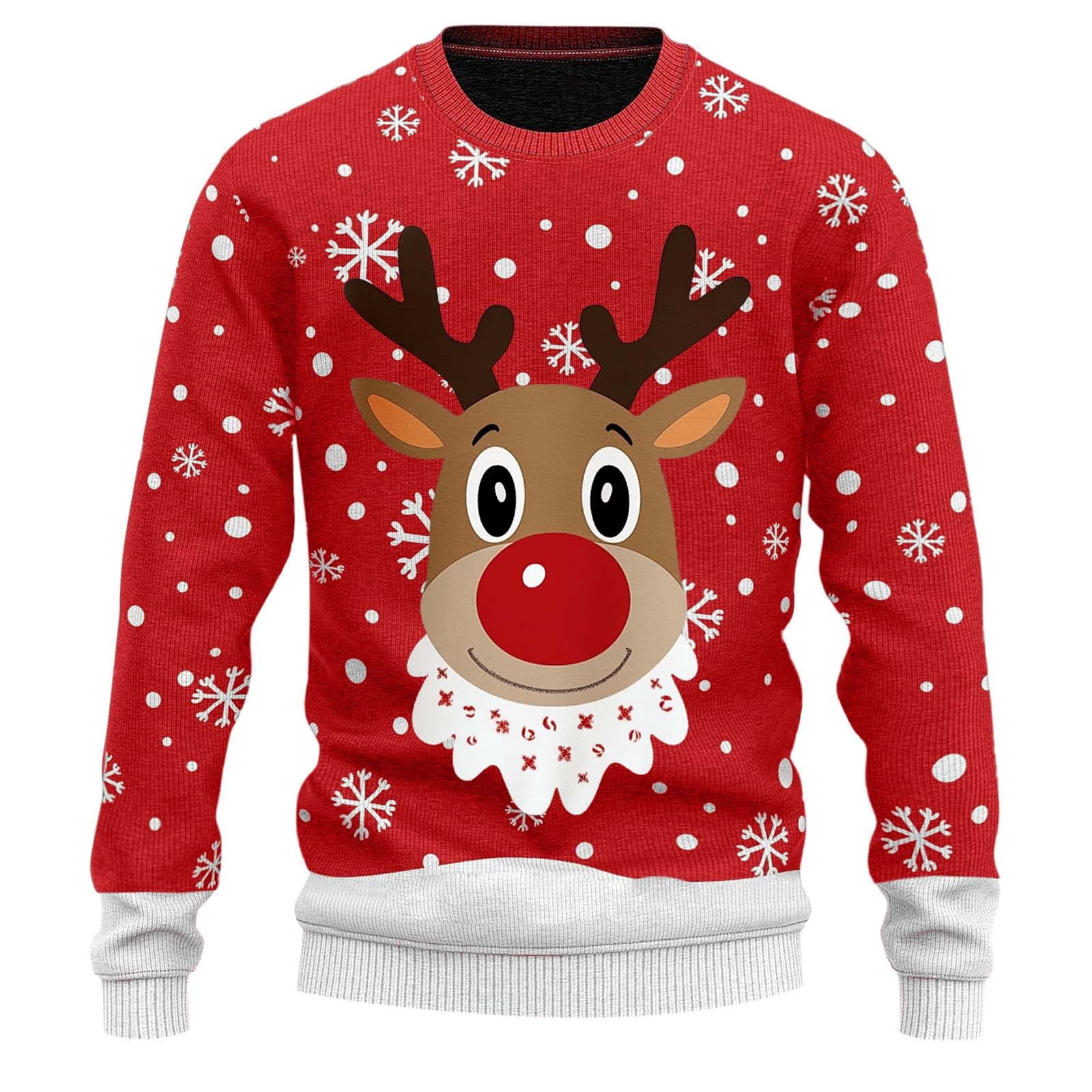 Christmas Sweater Men Funny Reindeer Print Crewneck Pullover Sweaters ...