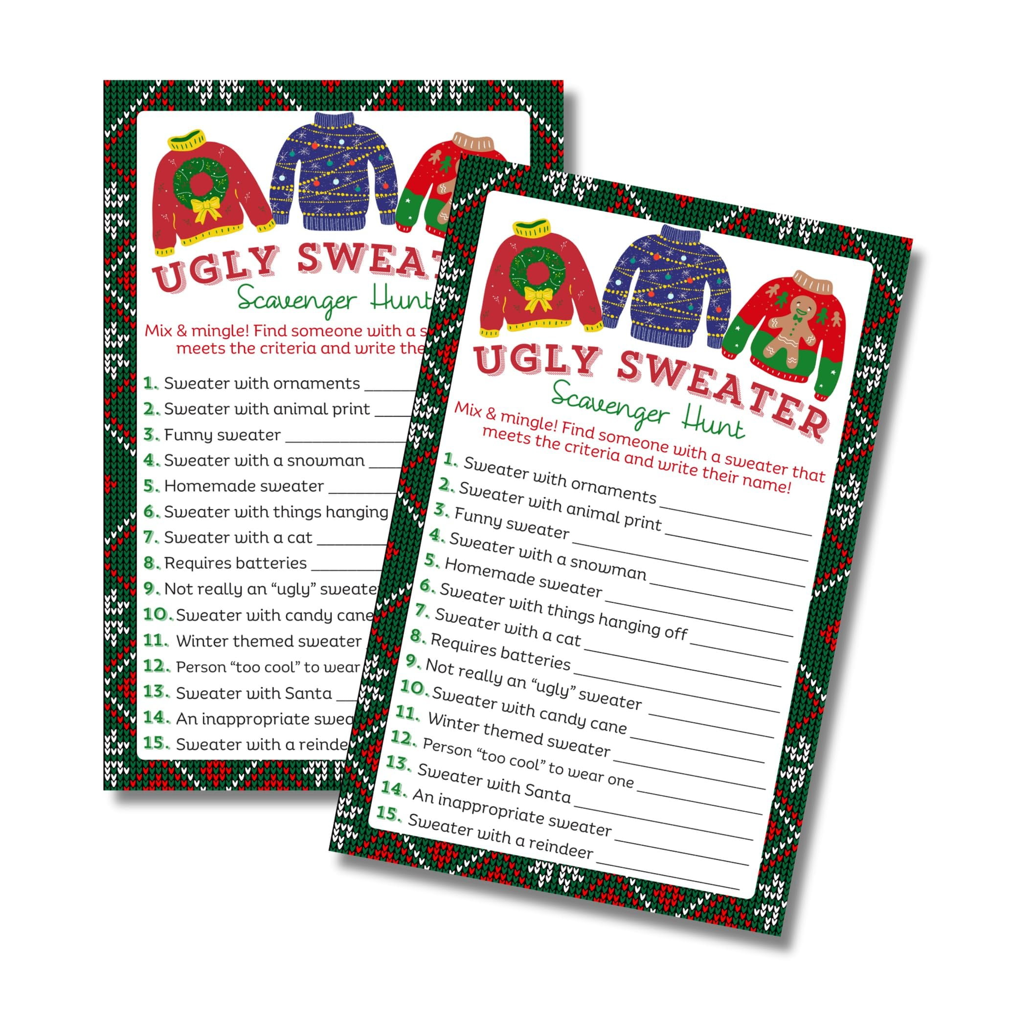 Ugly Christmas Sweater Party Scavenger Hunt Game 30 pk 5.5 x 8.5 ...
