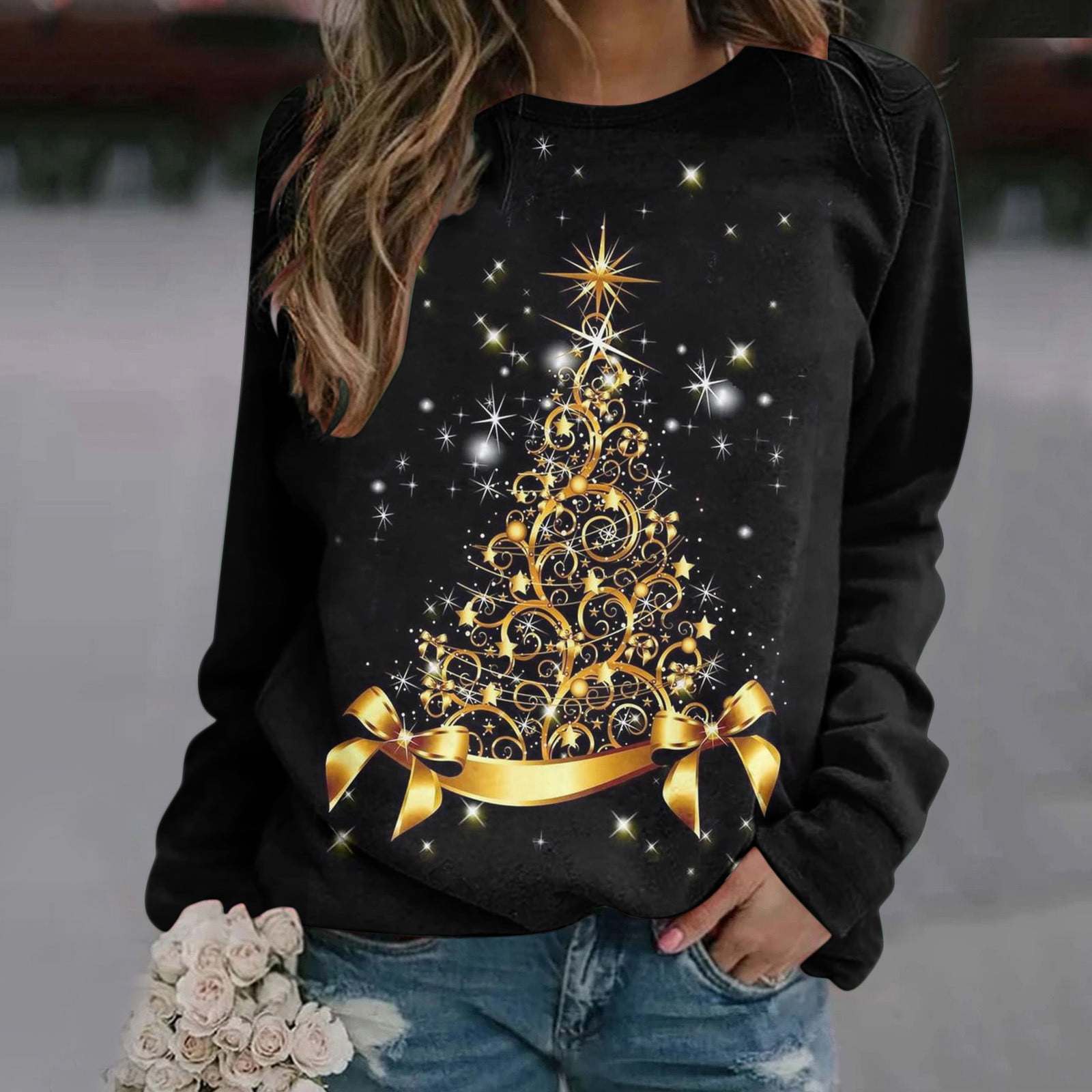 Women's Cotton Hooded Ugly Christmas Sweater, Light Up Shiny Tree Print ...