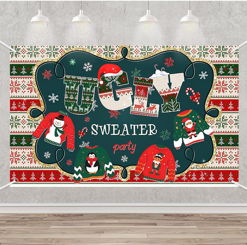 Ugly Sweater Party Backdrop, Red and Green Dark Ugly Xmas Sweater Party ...