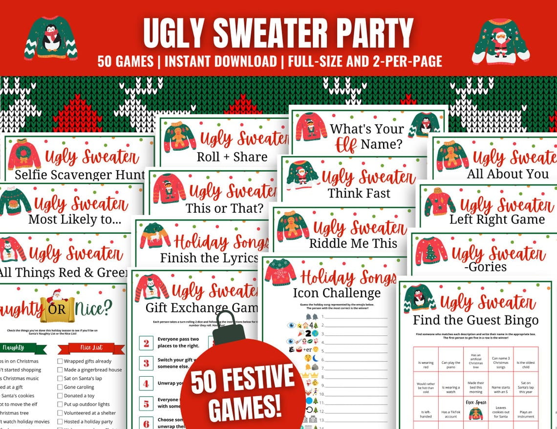 Ugly Sweater Party Games Mega Bundle, 50 Festive Holiday Activities and ...