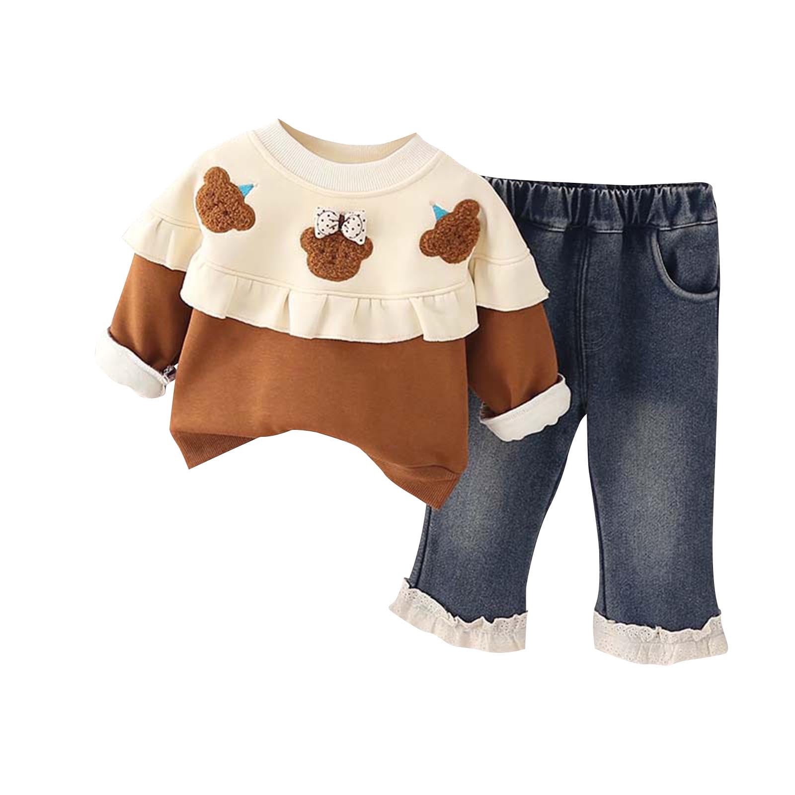 Ugoldhm Baby Girls Fall Outfit Set Fleece Lined Top Lace Trim Jeans ...