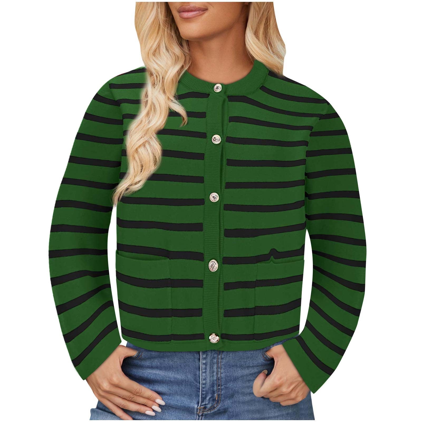 Ugoldhm Cardigan For Women Casual Button Down Striped Sweater Cardigans Fashion From 5 Green