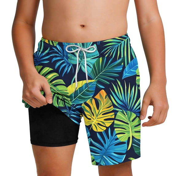 Ugoldhm Children's Double-Layer Lined Beach Shorts with Elastic Waist ...
