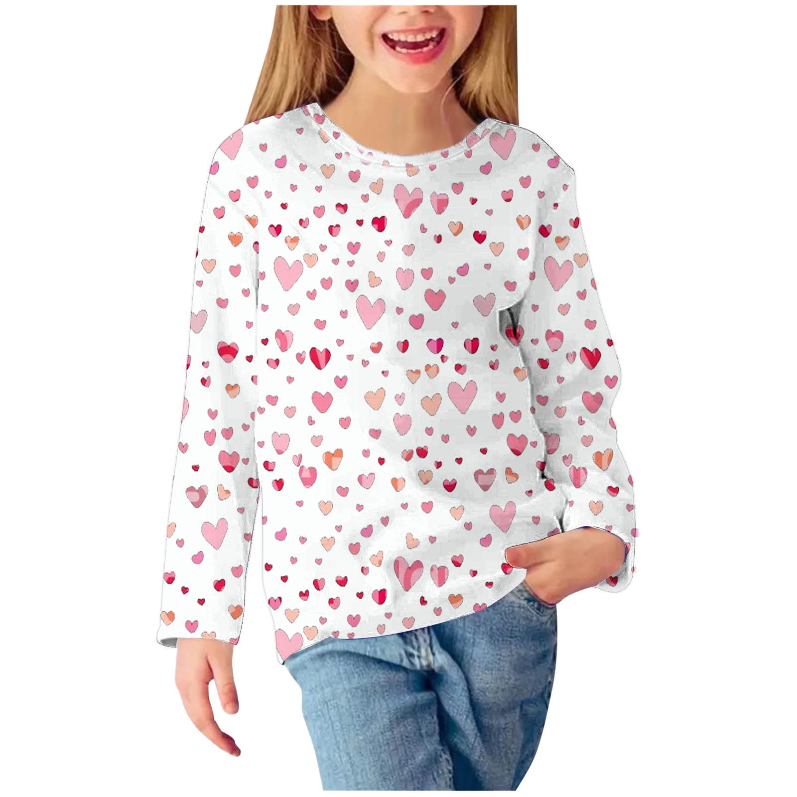 Ugoldhm Girl's Casual Big Kids Shirts Long Sleeve Valentine's Day Print Crew Neck Tops 1-12 ...