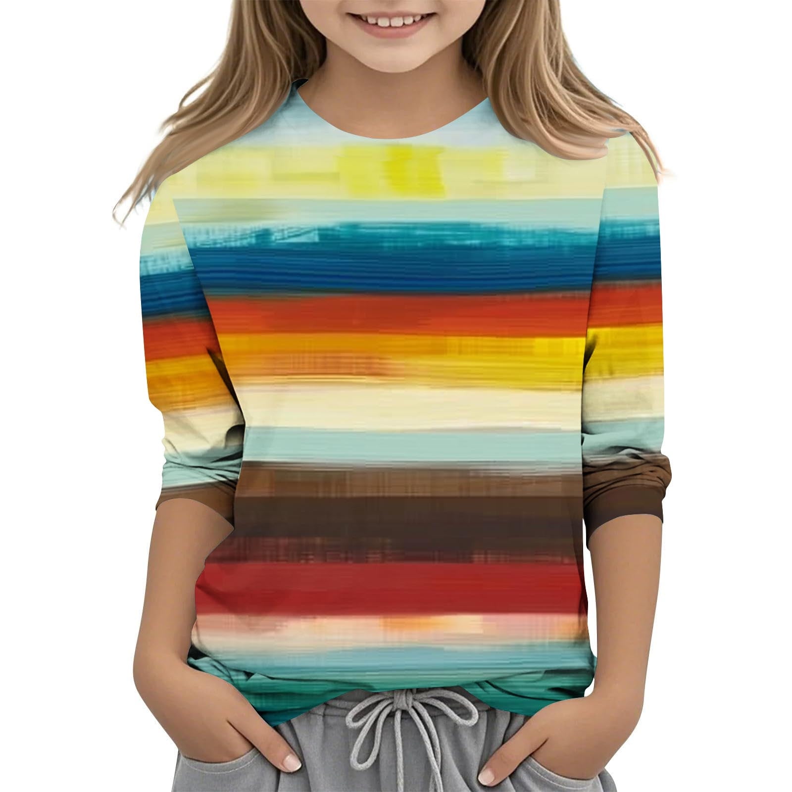 Ugoldhm Girls 3/4 Sleeve Crewneck Tops Casual Colorful Rainbow Stripe ...