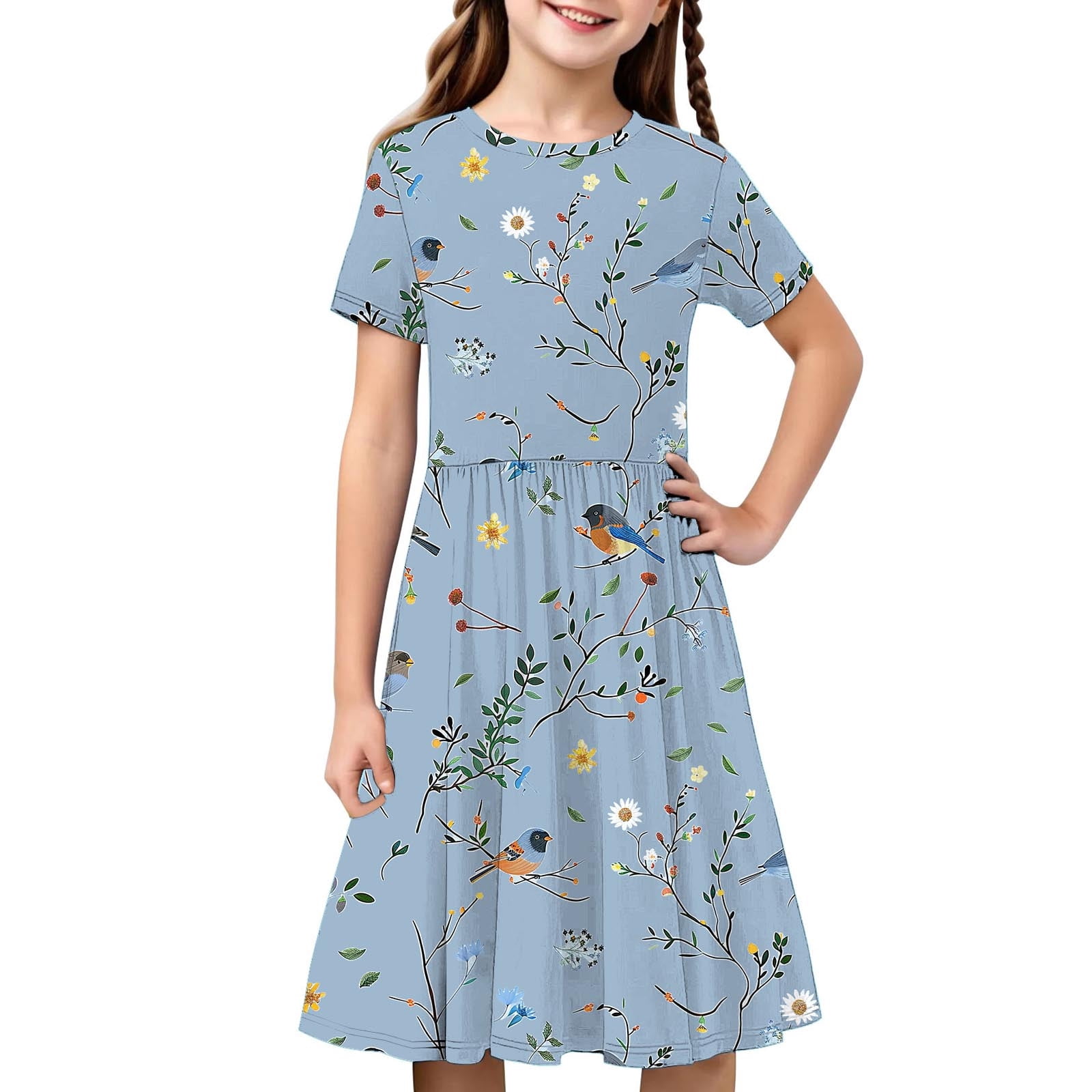 Ugoldhm Girls Boho Beach Pleated Dress - Short Sleeve Cute Print Midi ...