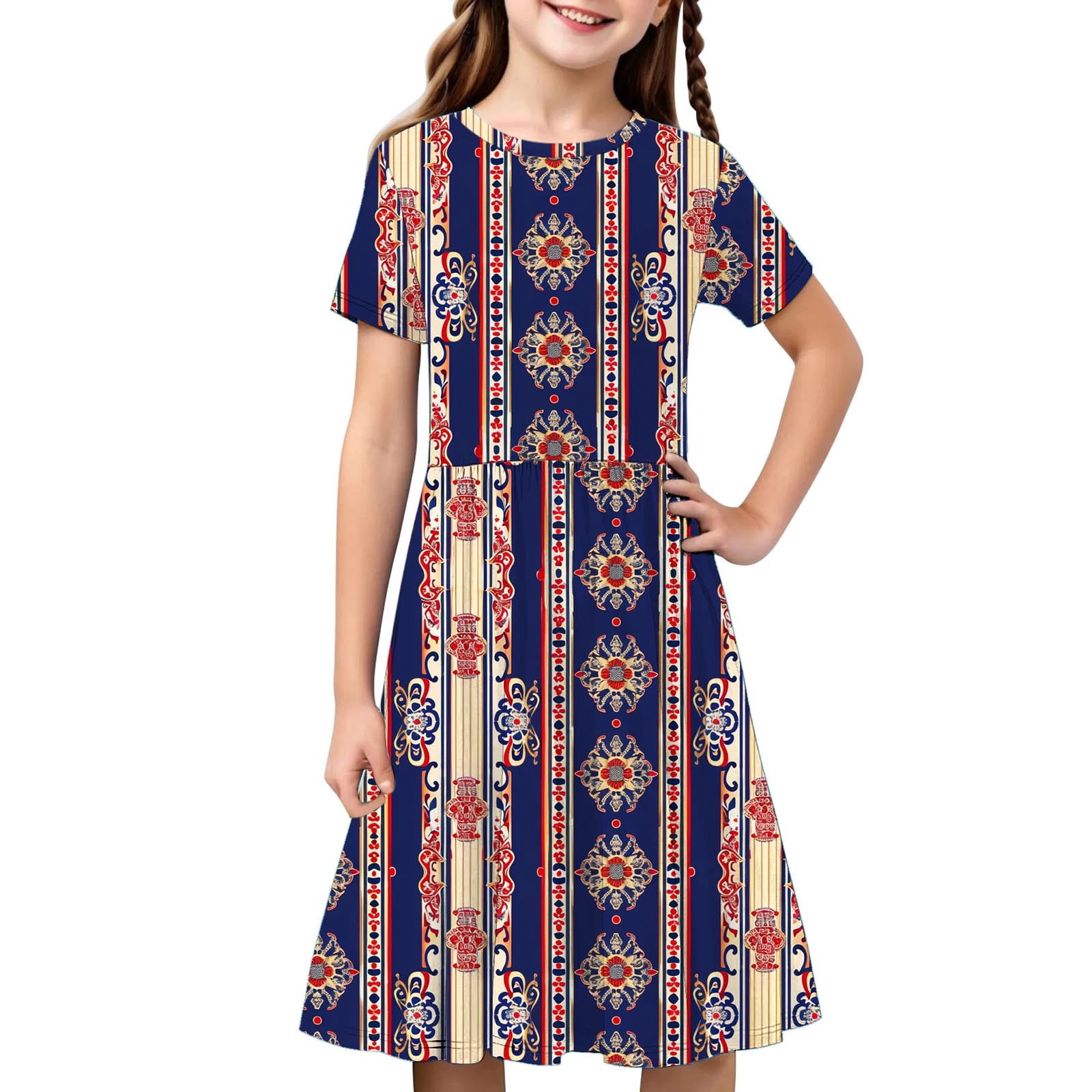 Ugoldhm Girls Boho Beach Pleated Dress - Short Sleeve Cute Print Midi ...