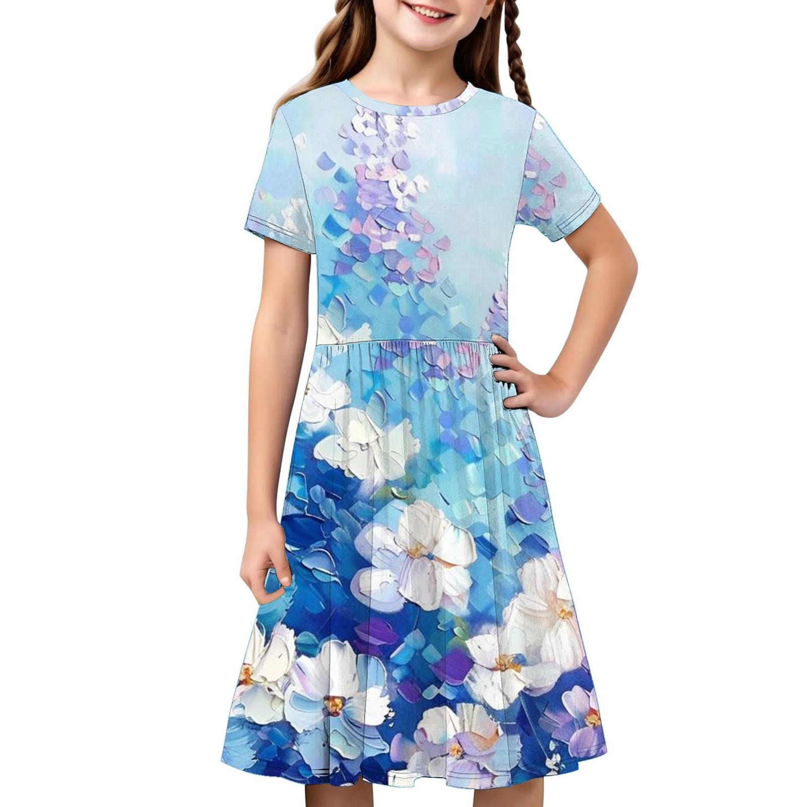 Ugoldhm Girls Boho Beach Pleated Dress - Short Sleeve Cute Print Midi ...