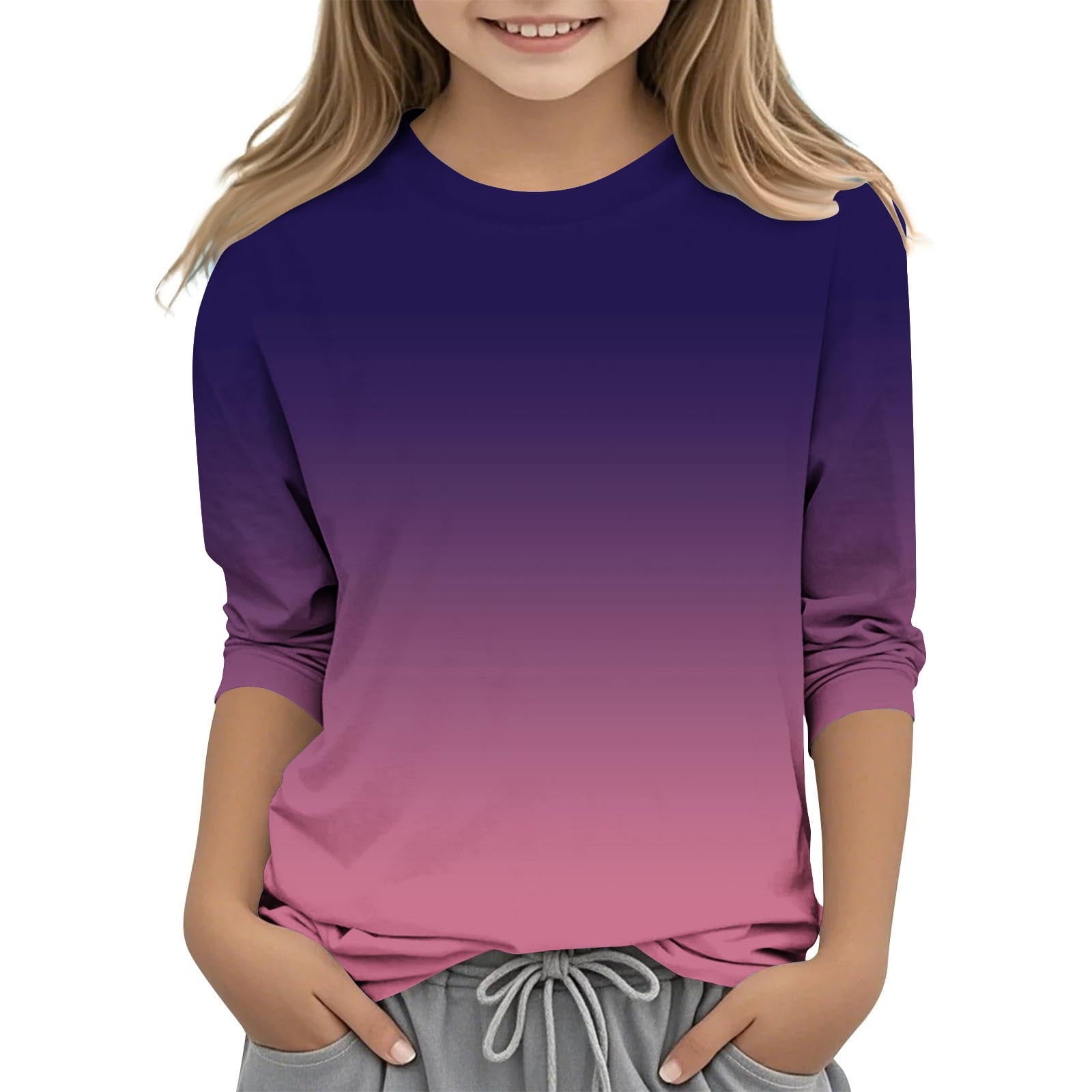 Ugoldhm Girls Crewneck 3/4 Sleeve Tops Gradient Color Fashion Tees ...