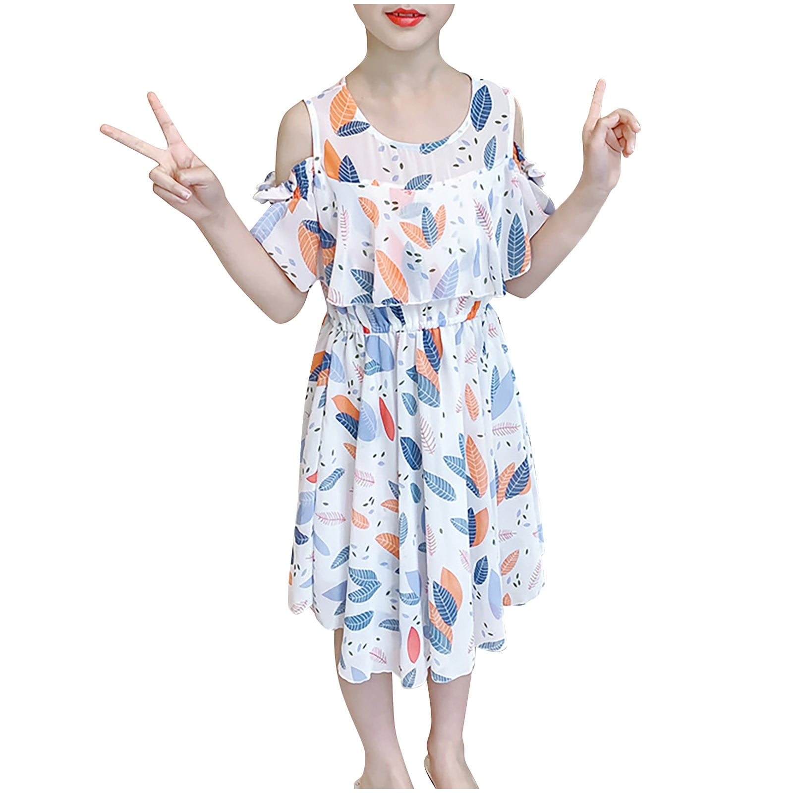 Ugoldhm Girls Cute Princess Sundress Cold Shoulder Crew Neck Short ...