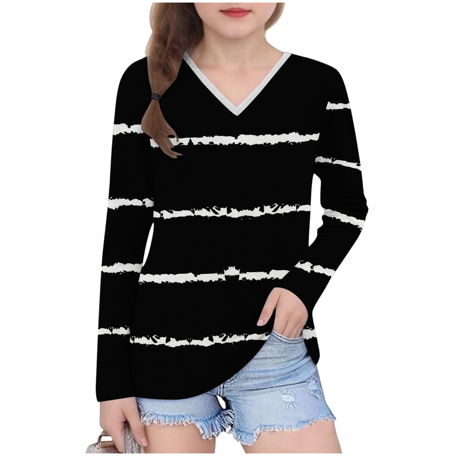 Ugoldhm Girls Fall Shirts Striped V Neck Long Sleeve Casual Tops Tunic ...