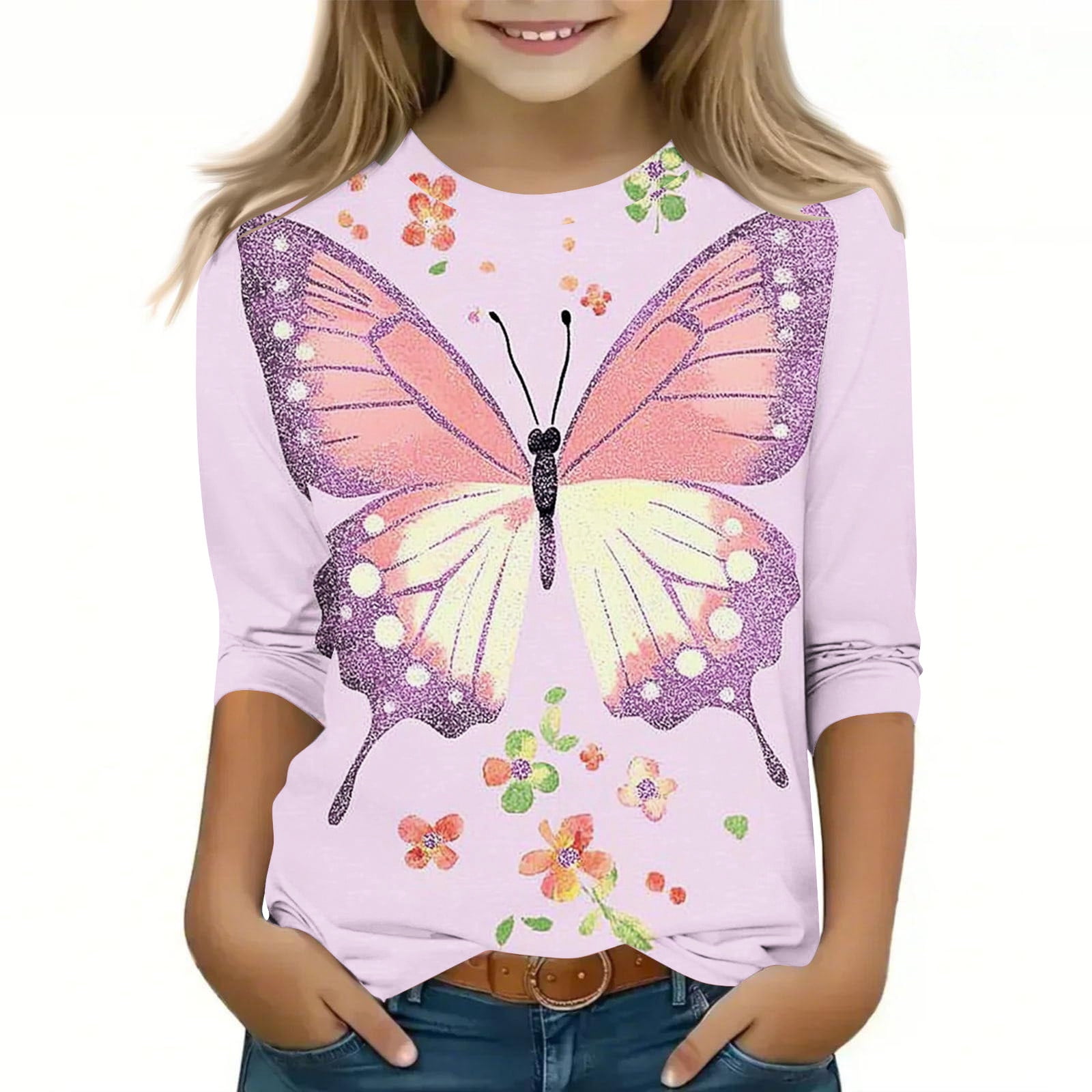 Ugoldhm Girls Fashion Tops Round Neck Butterfly Printed Shirts Summer ...
