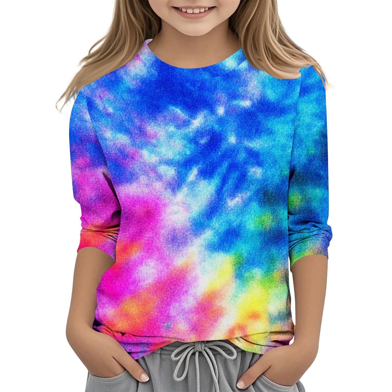 Ugoldhm Girls Fashion Tops Round Neck Colorful Tie Dye Tunic Tees ...