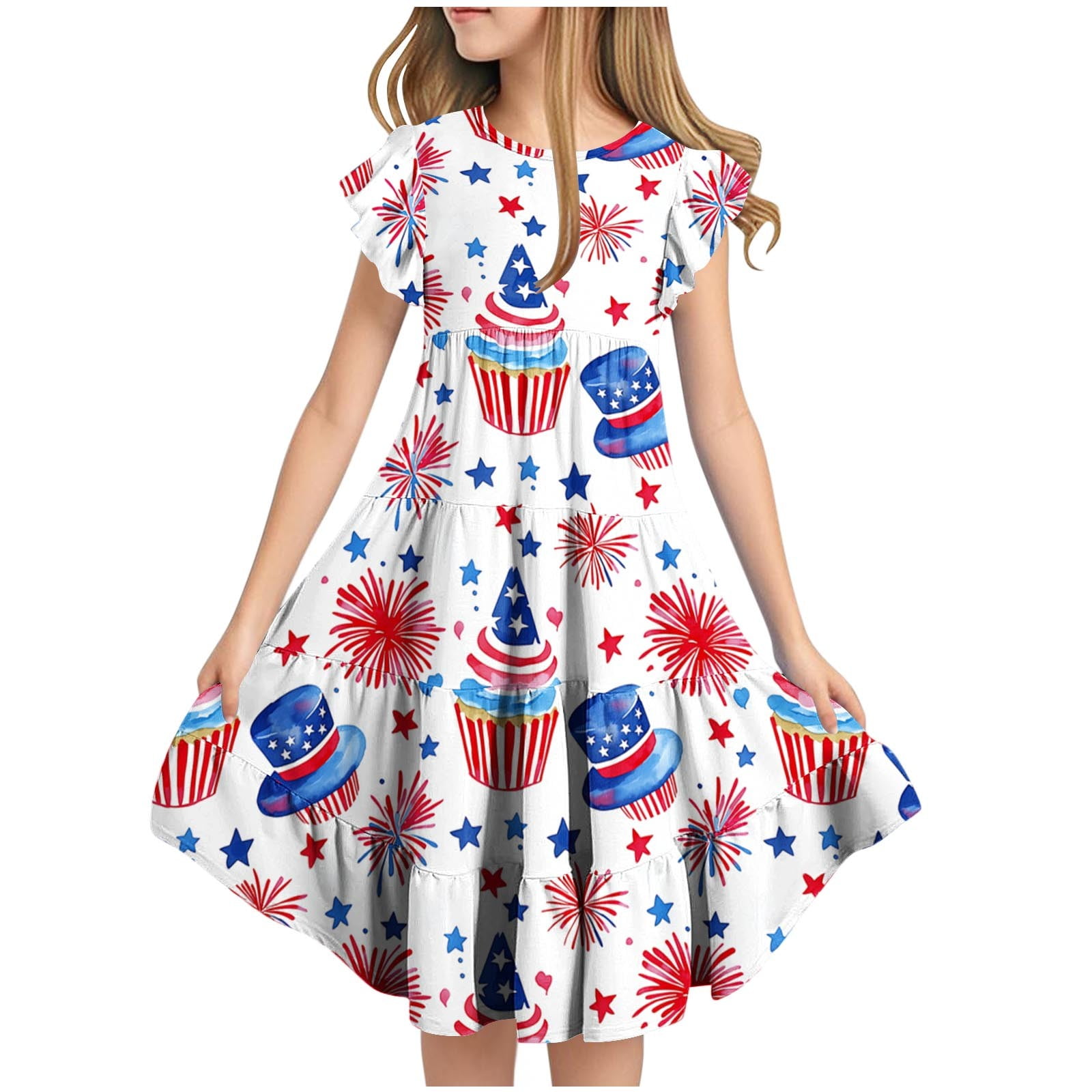 Ugoldhm Girls' Fourth of July Fit & Flare Beach Dress Short Sleeve ...