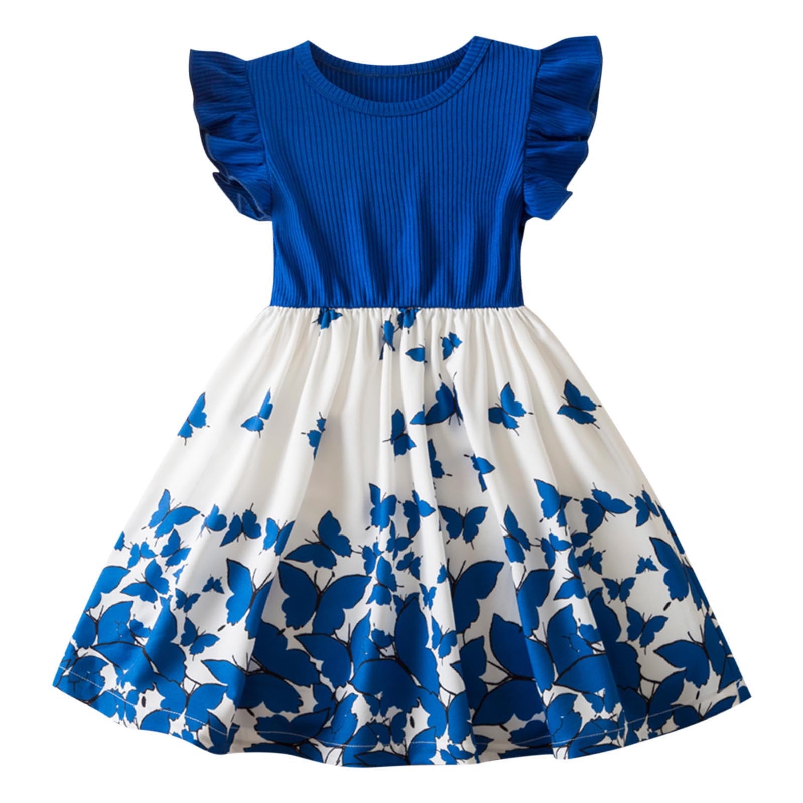 Ugoldhm Girls' Knit Ribbed Butterfly Print Party Dress Flutter Sleeve ...