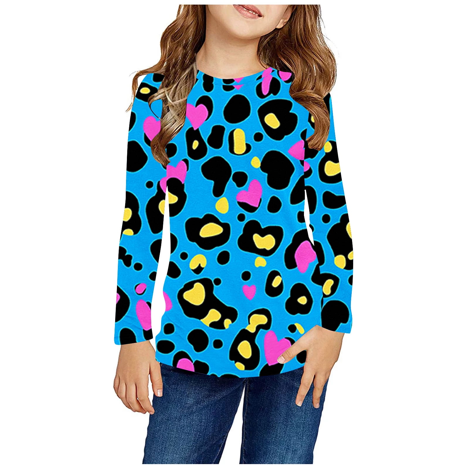 Ugoldhm Girls Long Sleeve Shirts Round Neck Leopard Print Casual Tees ...