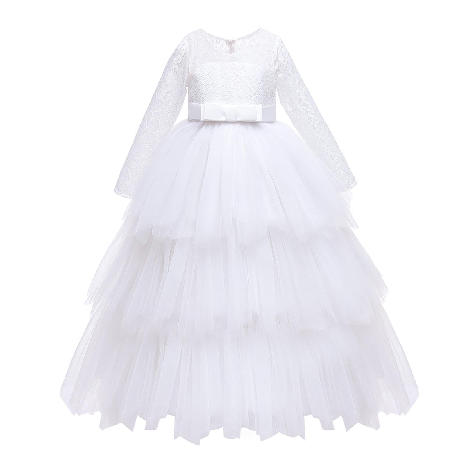 Ugoldhm Girls Mesh Bow Long Sleeve Crew Neck Ball Gown Fall Birthday ...