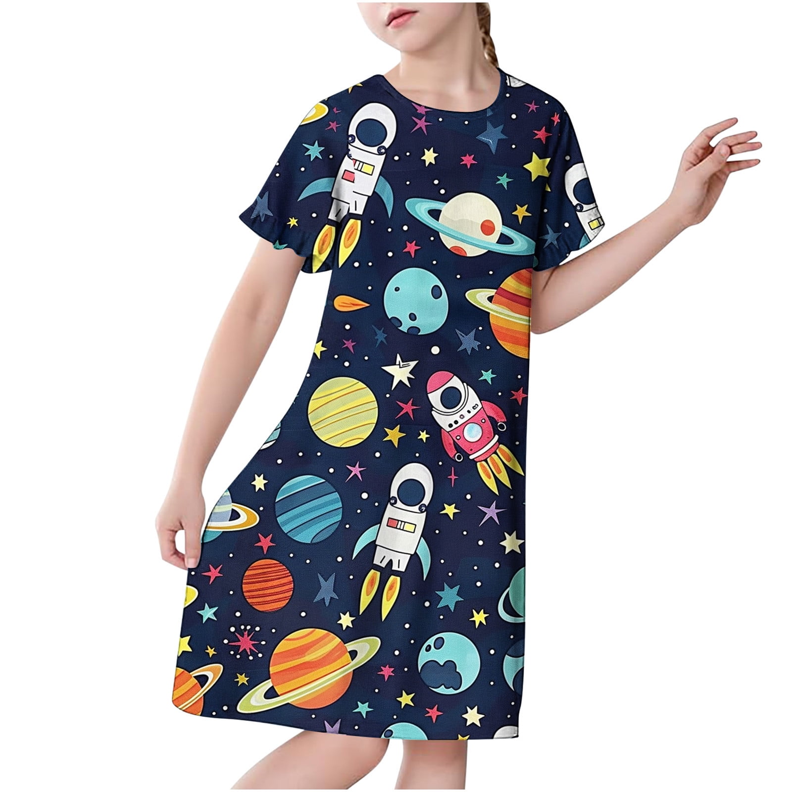 Ugoldhm Girls Nightgowns Classic Fit Crew Neck Short Sleeve Solid Color ...