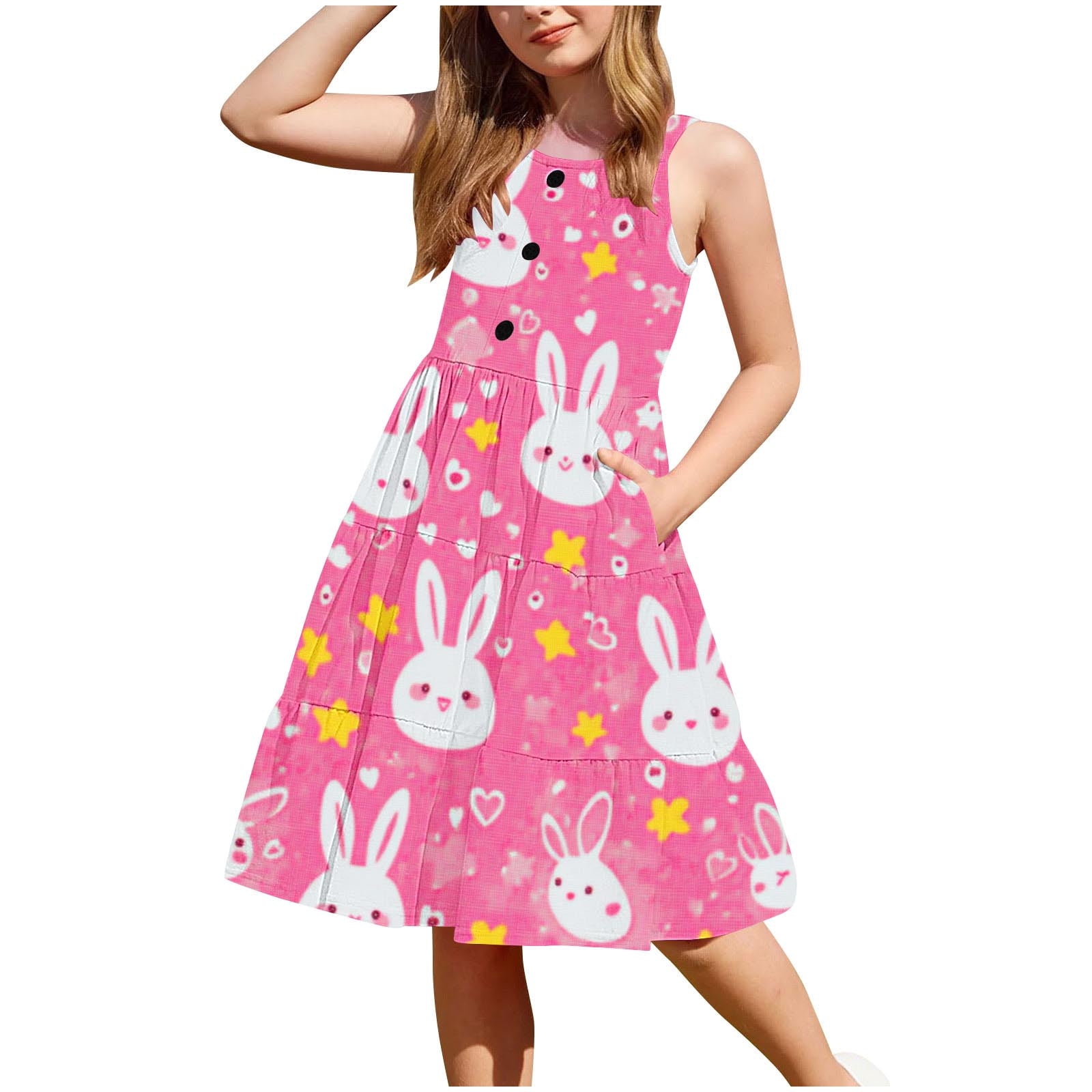 Ugoldhm Girls Flowy Dresses Sleeveless Pocket Button Boho Dress Tiered ...