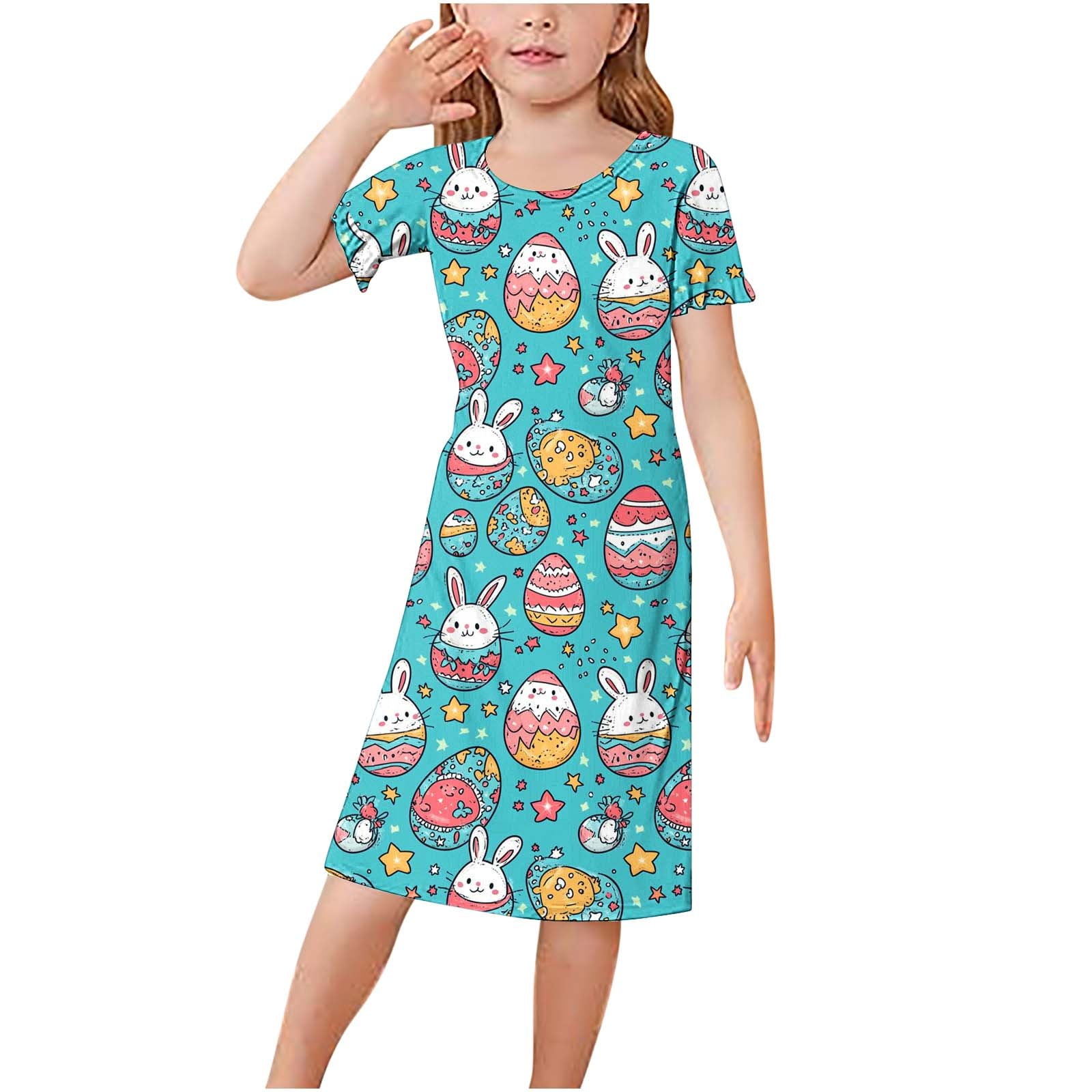 Ugoldhm Girls Sleepshirt Sleepwear Short Sleeve Solid Color Crew Neck ...