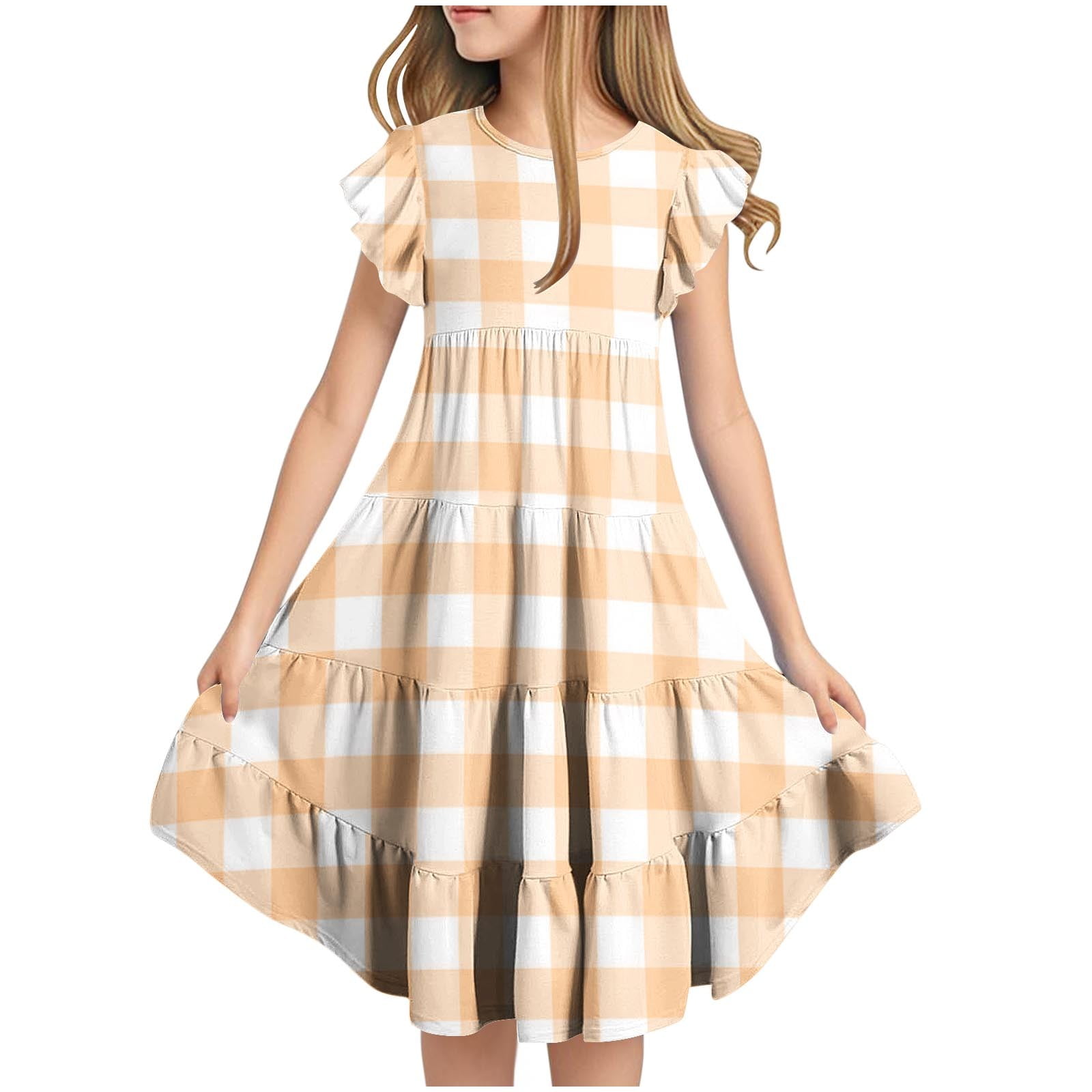 Ugoldhm Girls' Summer Plaid Fit & Flare Beach Sundress Short Sleeve ...