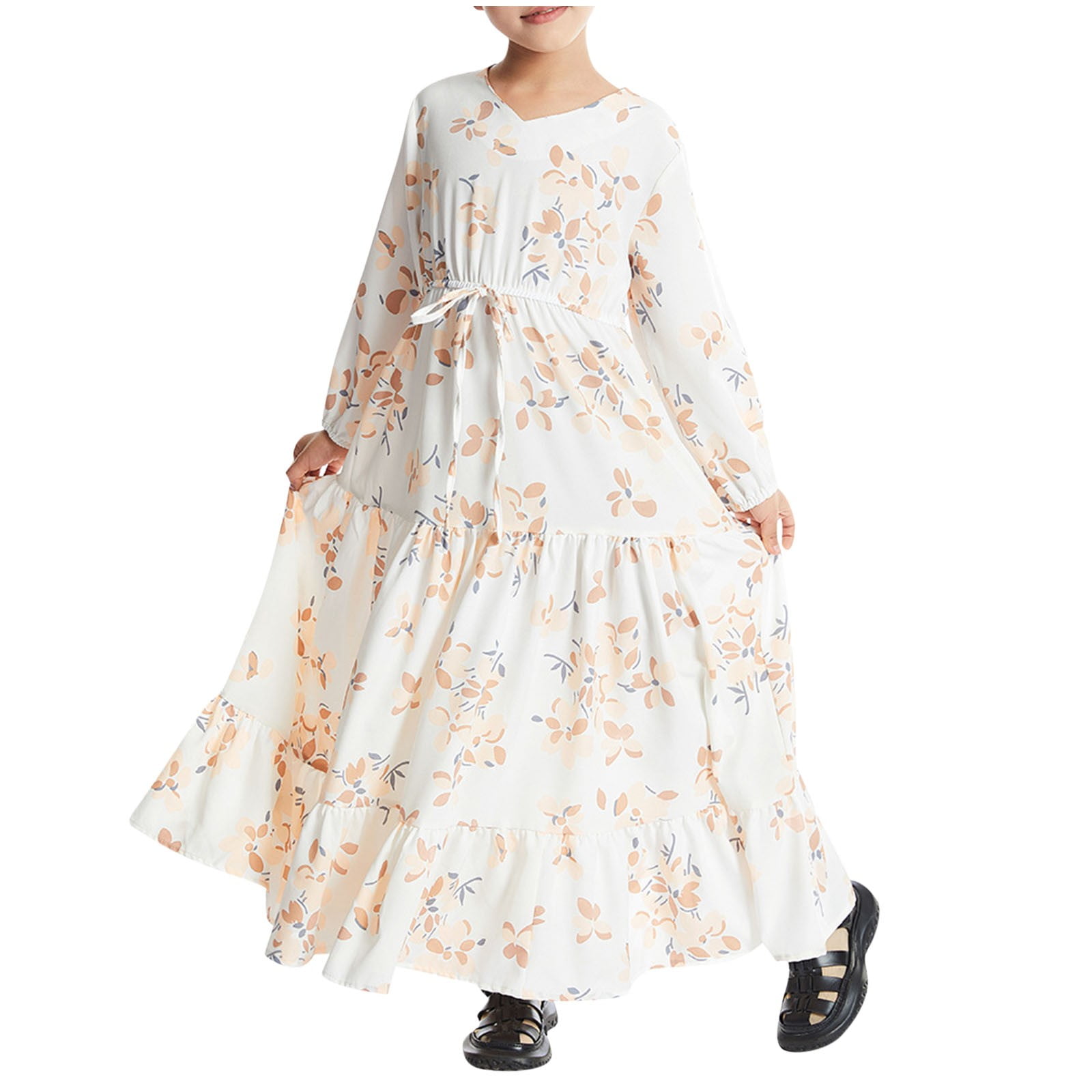 Ugoldhm Kids Muslim Fall Dress 3-14Y Cotton V-Neck Long Sleeve Robe ...
