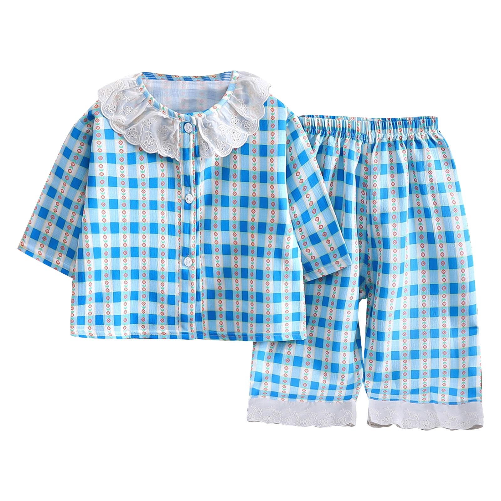 Ugoldhm Little Girls Cute Outfits Set Floral Print Plaid Lace Trim ...