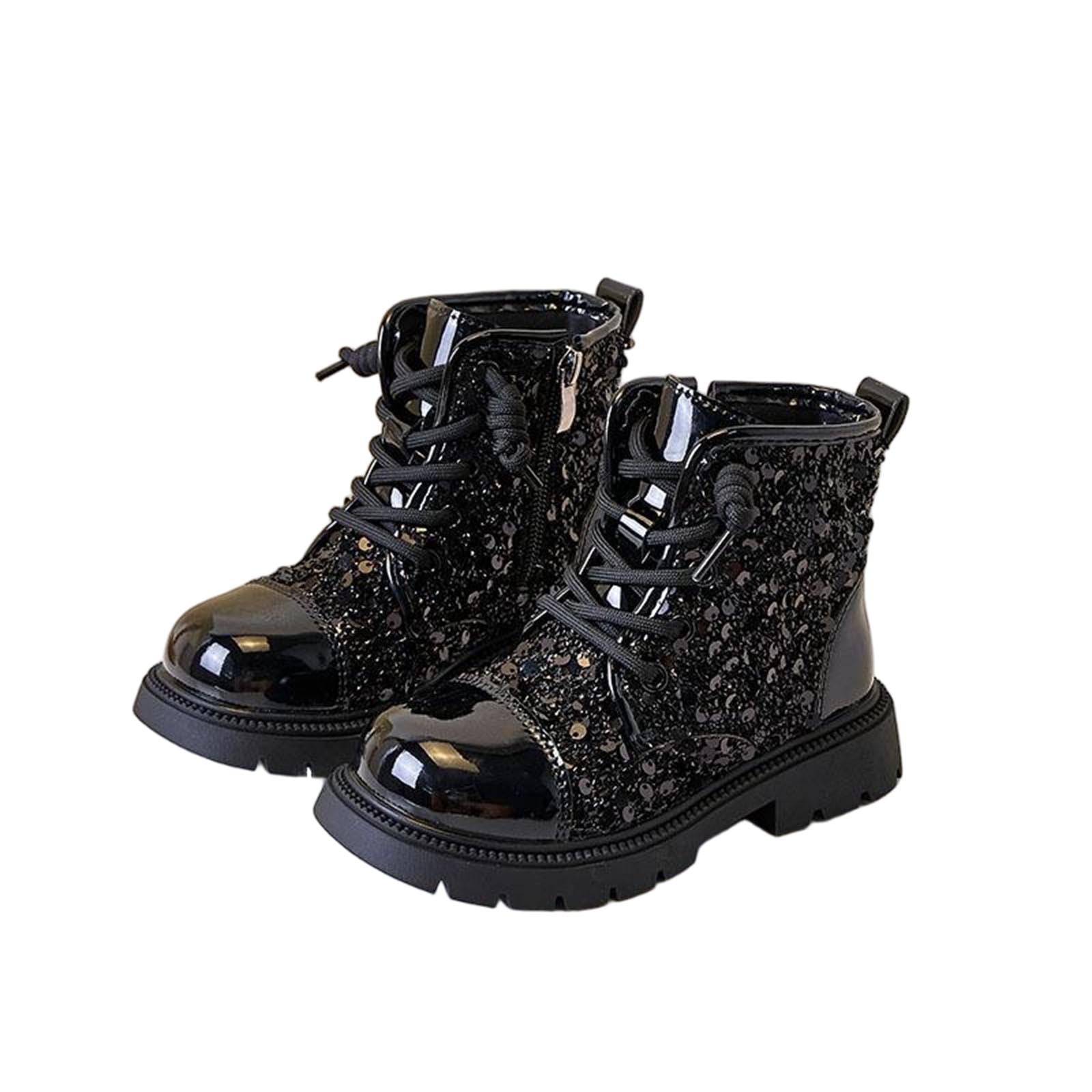 Ugoldhm Little Girls Sequin Ankle Boots Lace Up Non Slip Low Heel Shoes ...