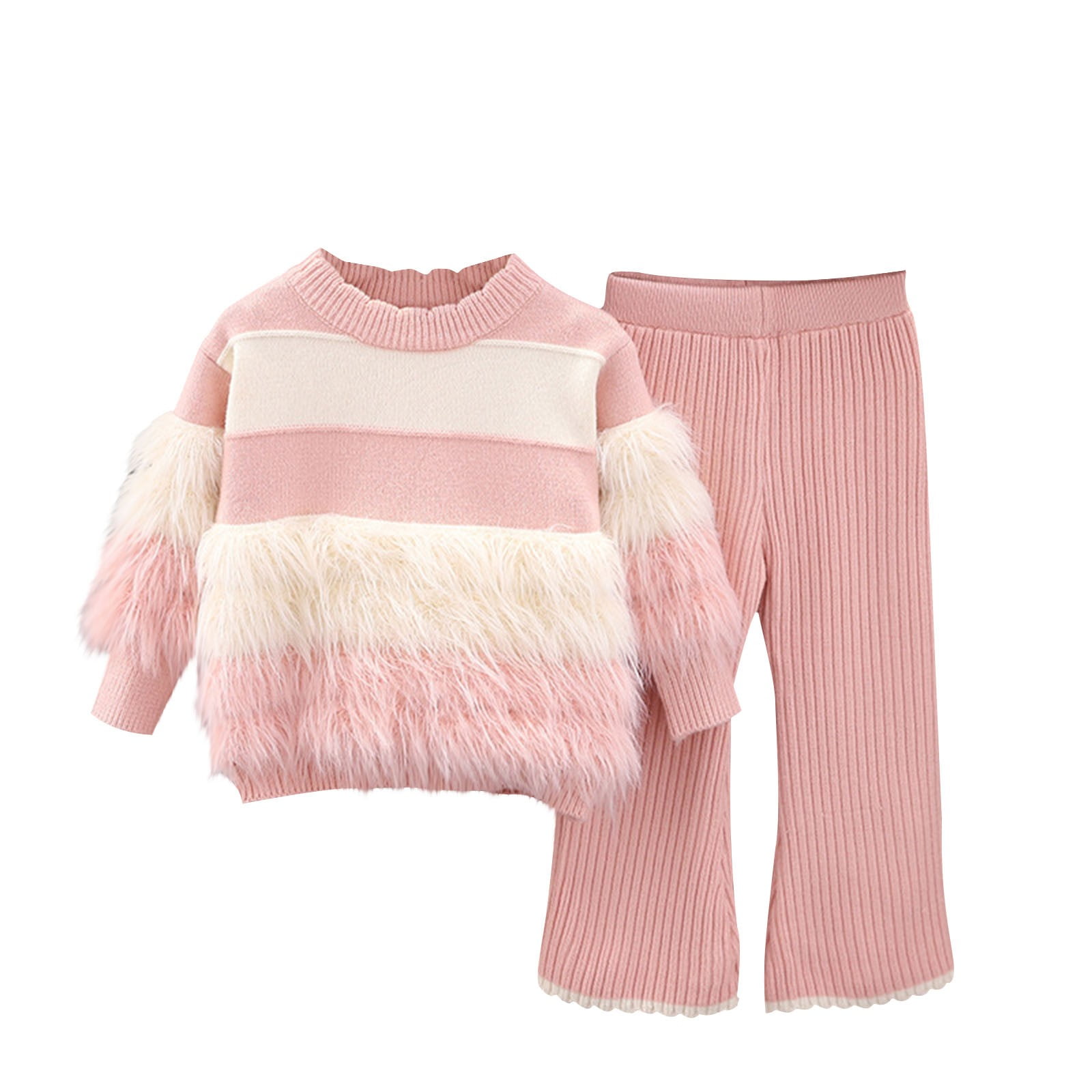 Ugoldhm Little Girls Sweaters Sets 2 Piece Furry Strip Top Ribbed Knit ...