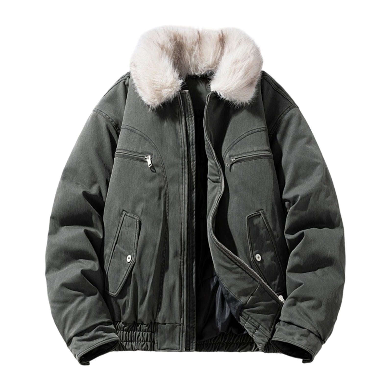 Ugoldhm Men's Faux Fur Trim Cargo Jacket, Stand Collar Warm Winter Coat ...