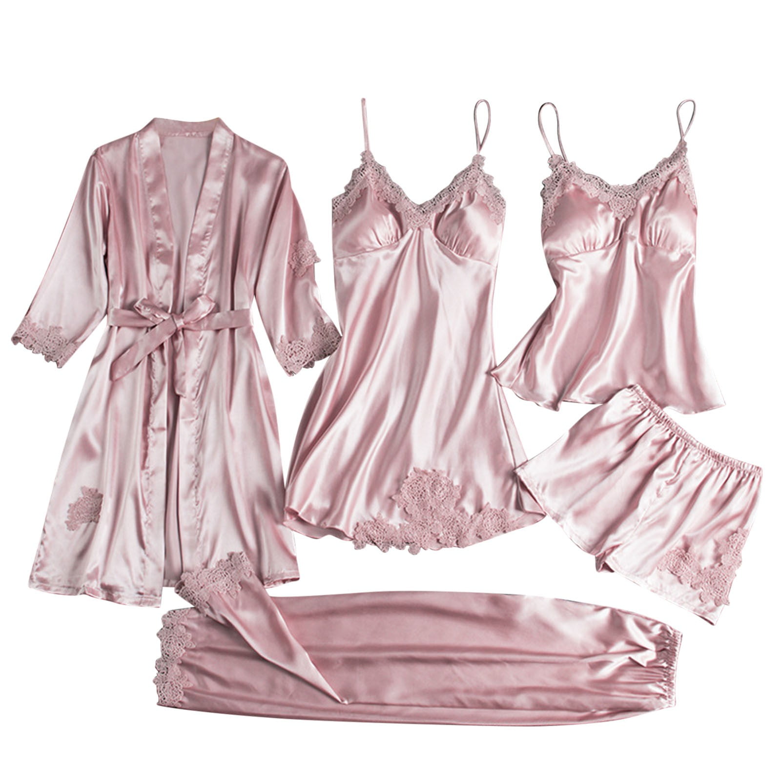 Ugoldhm Womens Silk Pajamas Robes Set Sexy Satin Pjs Sets 5Pcs Lace ...
