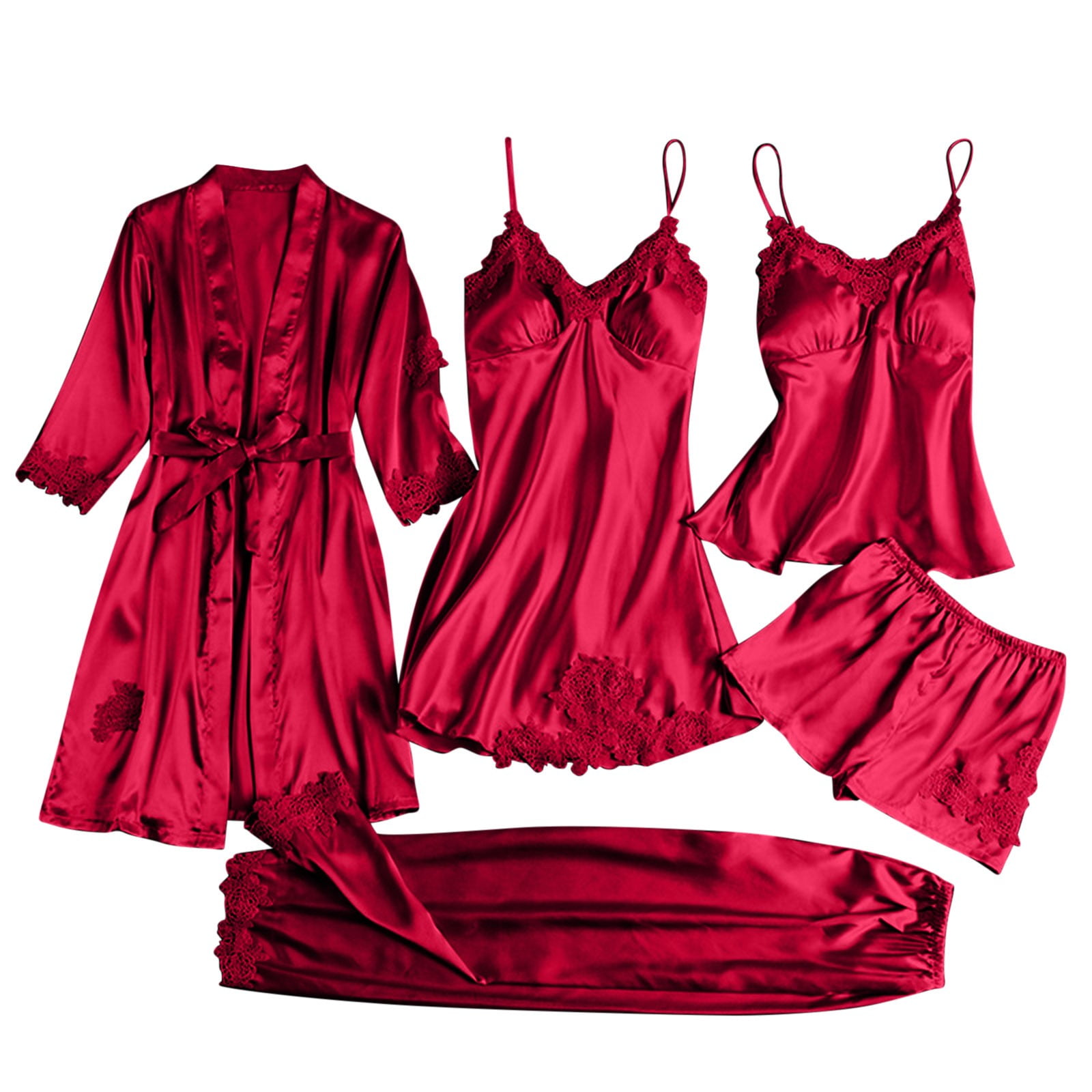Ugoldhm Womens Silk Pajamas Robes Set Sexy Satin Pjs Sets 5Pcs Lace ...