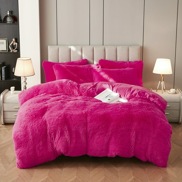 Uhamho Shaggy Plush Fuzzy Faux Fur Bedding Set, Velvet Duvet Cover with ...