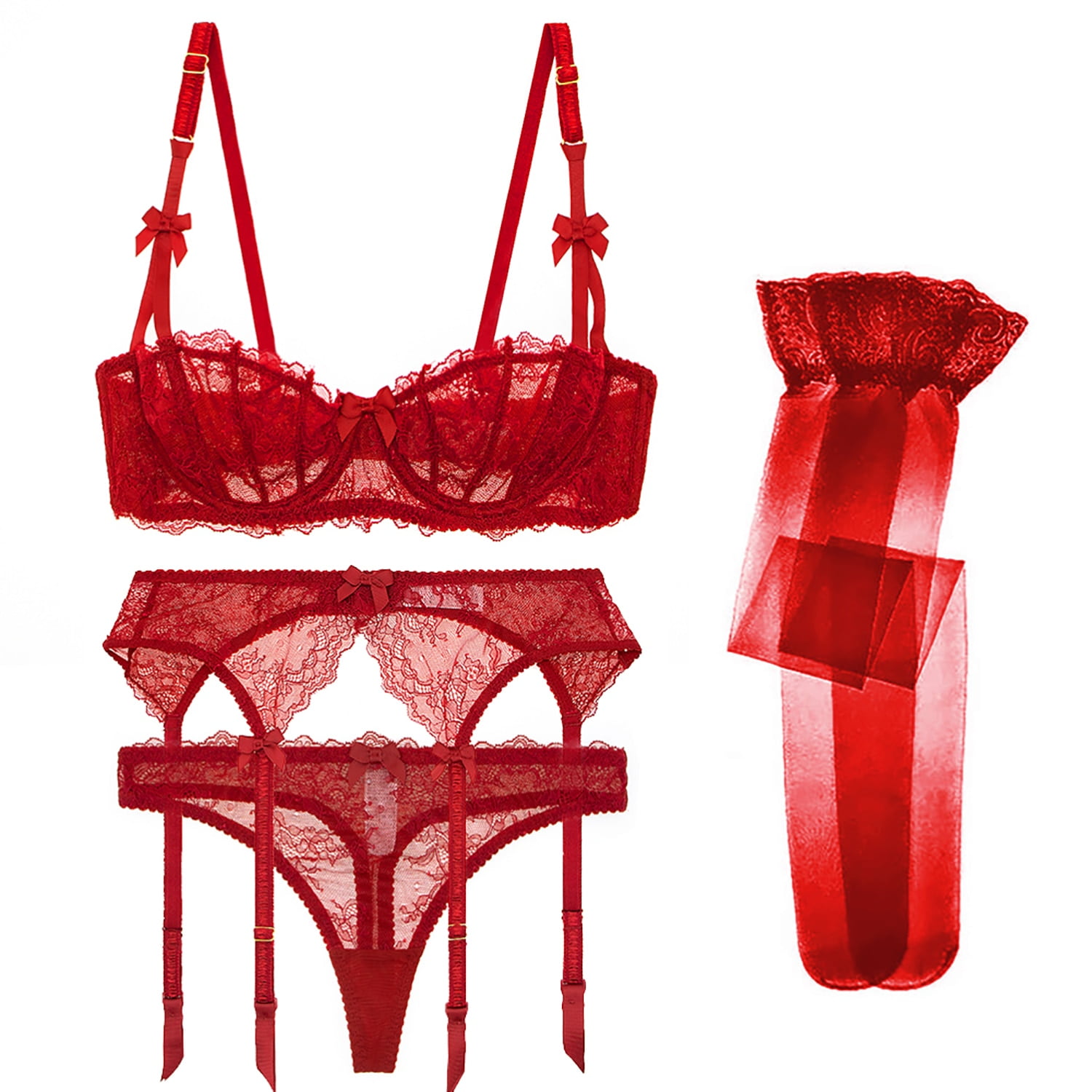 Uhndy Womens Sexy Solid Demi Cup Bra Thongs Garters Stocking Lingerie