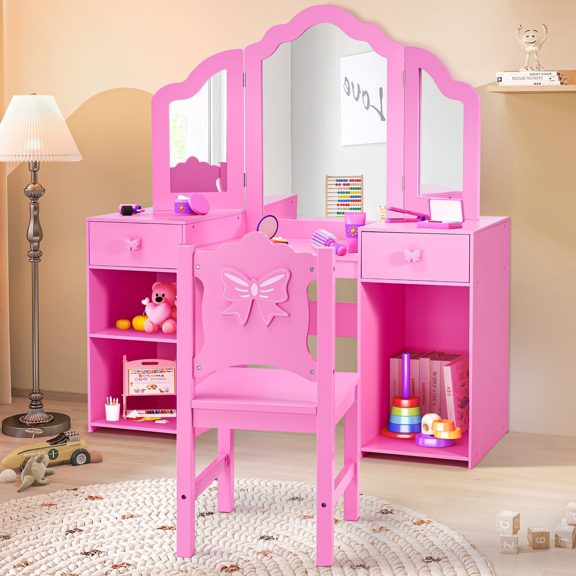 UHOMEPRO Kids Vanity with Chair, Pink Princess Makeup Vanity Sets with ...