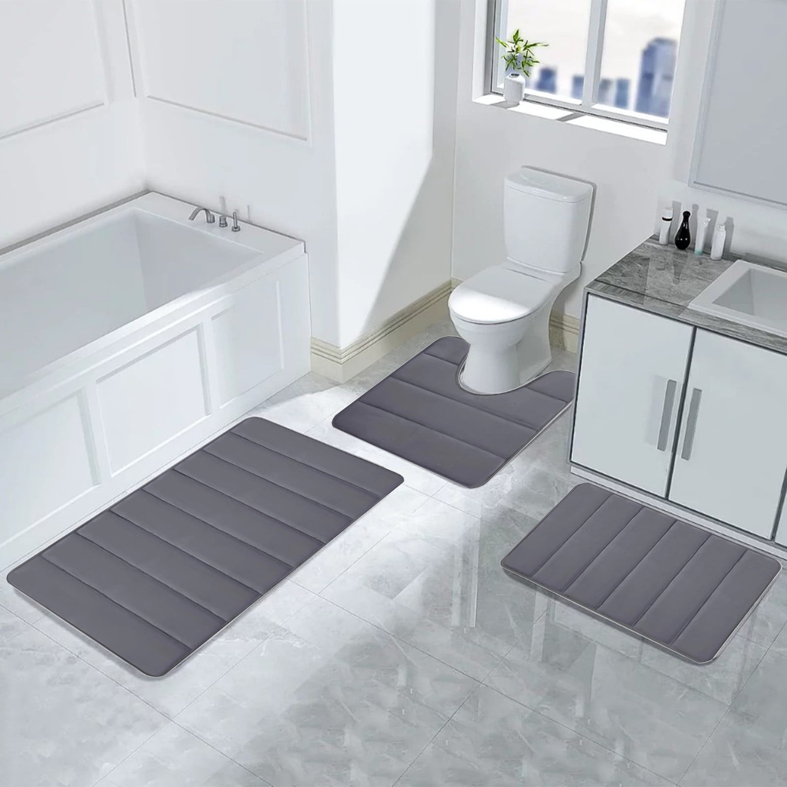 Uhuya Memory Foam Bath Mat Set, Bathroom Rugs for 3 Pieces, Toilet Mats ...