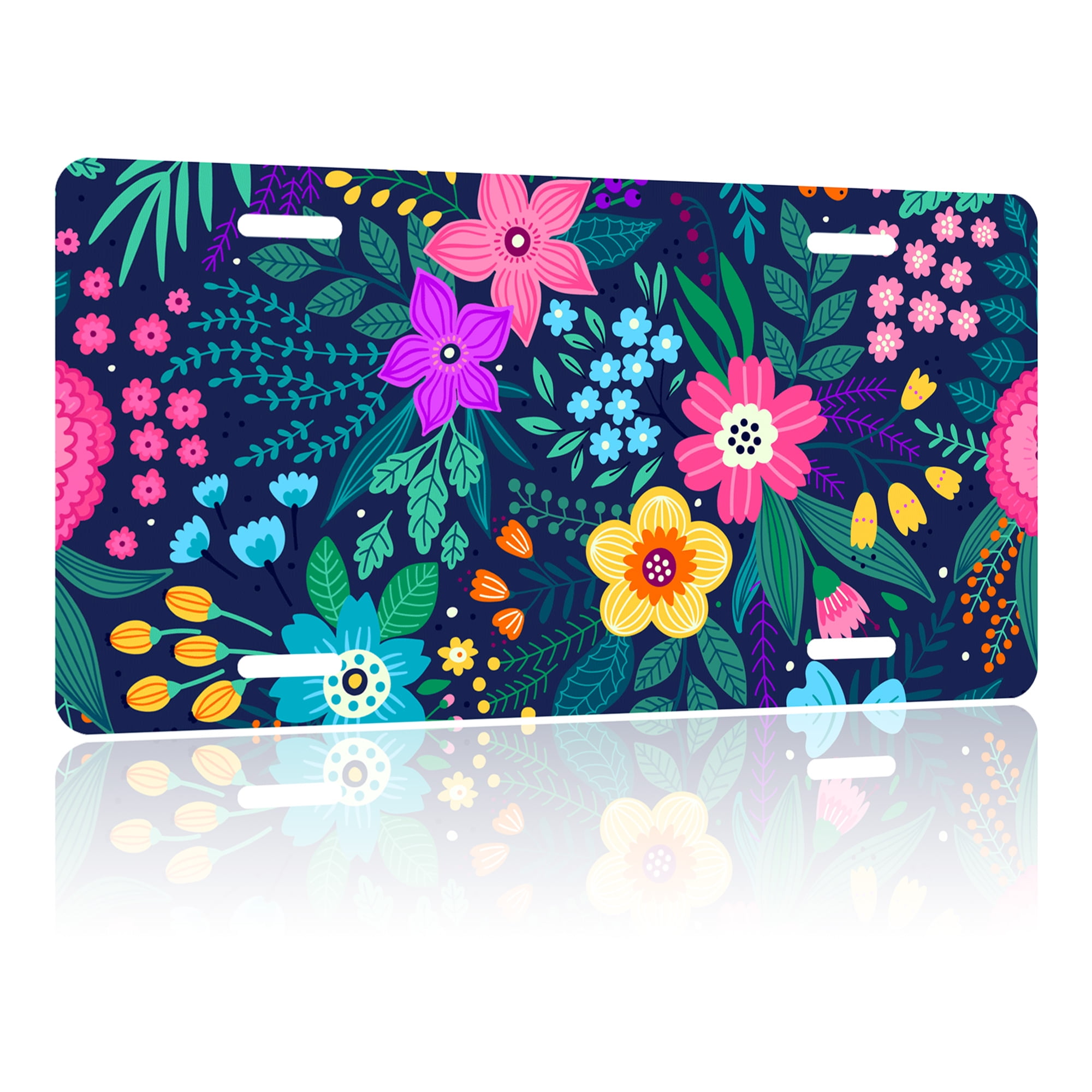 Uiaoiais License Plate Bright Dark Blue Colorful Floral License Plate ...