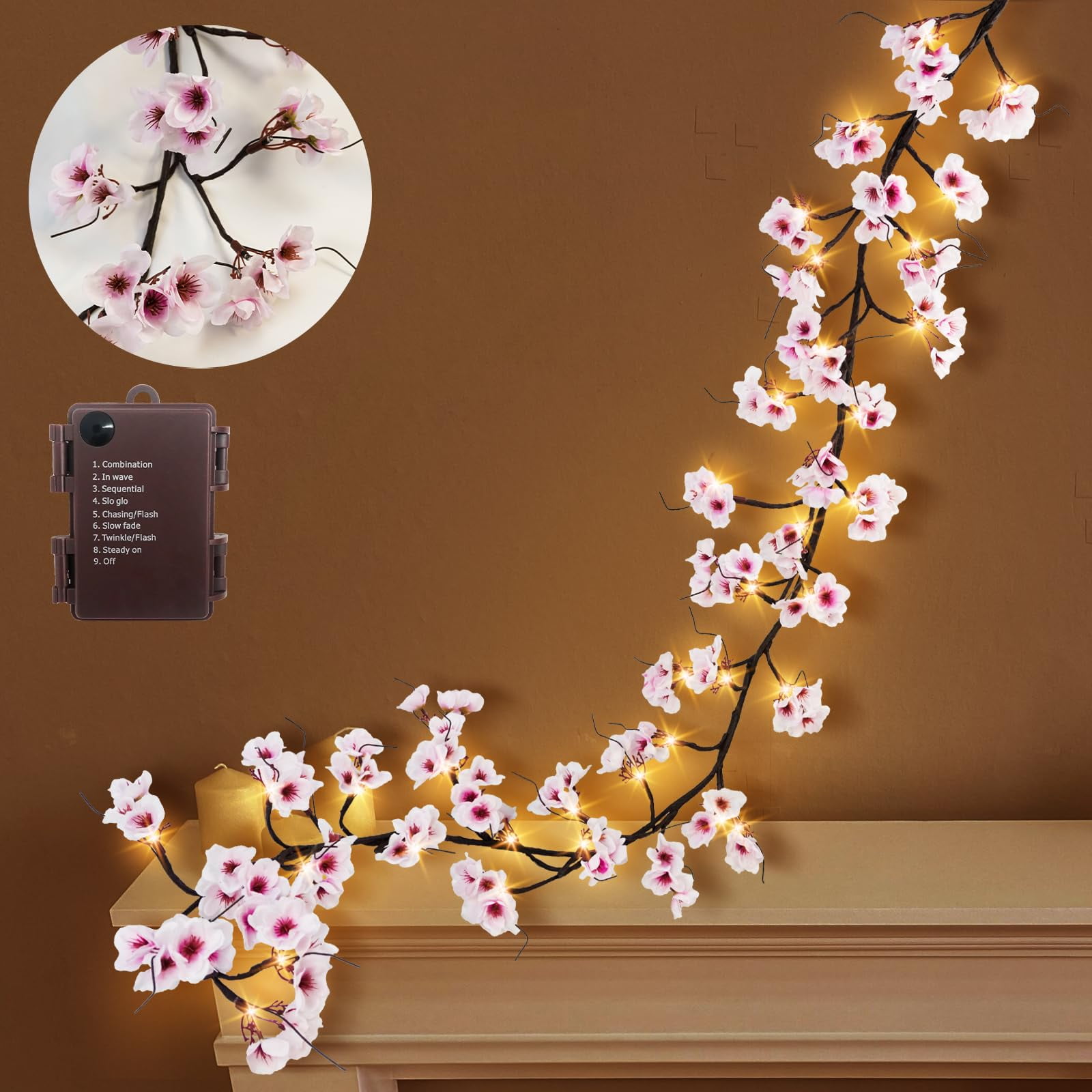 Uieke Lighted Cherry Blossom Garland with Timer 48 LED Fairy Lights 6FT ...