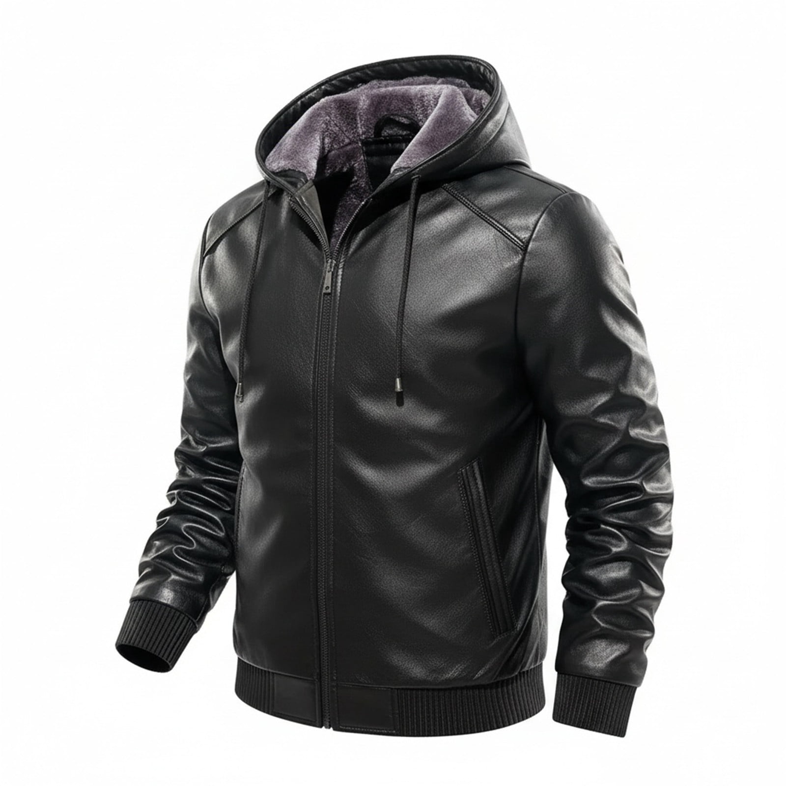 Uikmnh Mens Leather Hooded Motorcycle Jacket Soft Durable Fabric ...