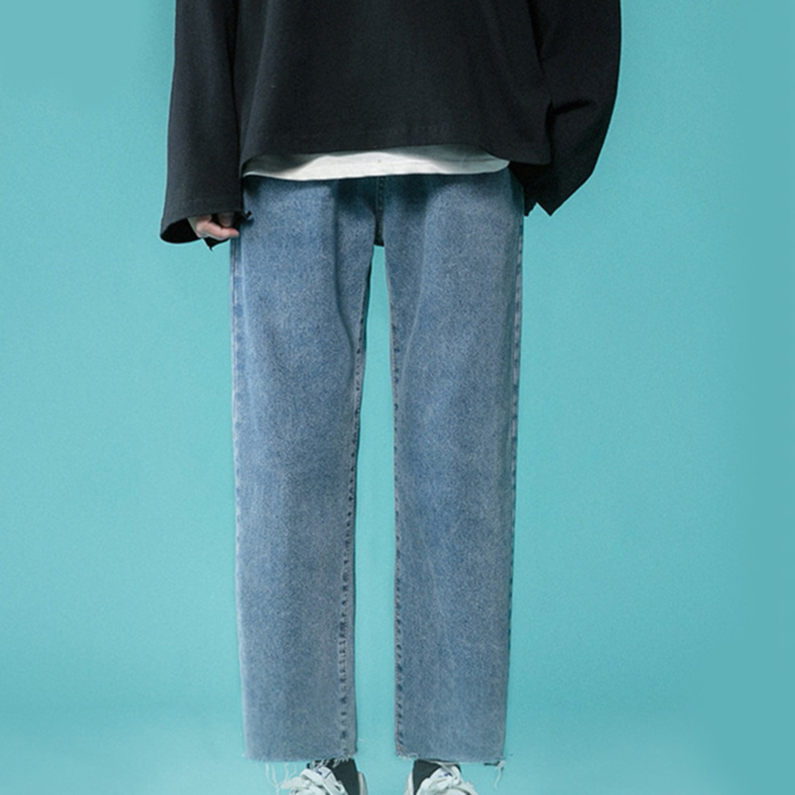 Uinagy Male 9 Point Edge Jeans Loose Straight Tube Solid Color ...