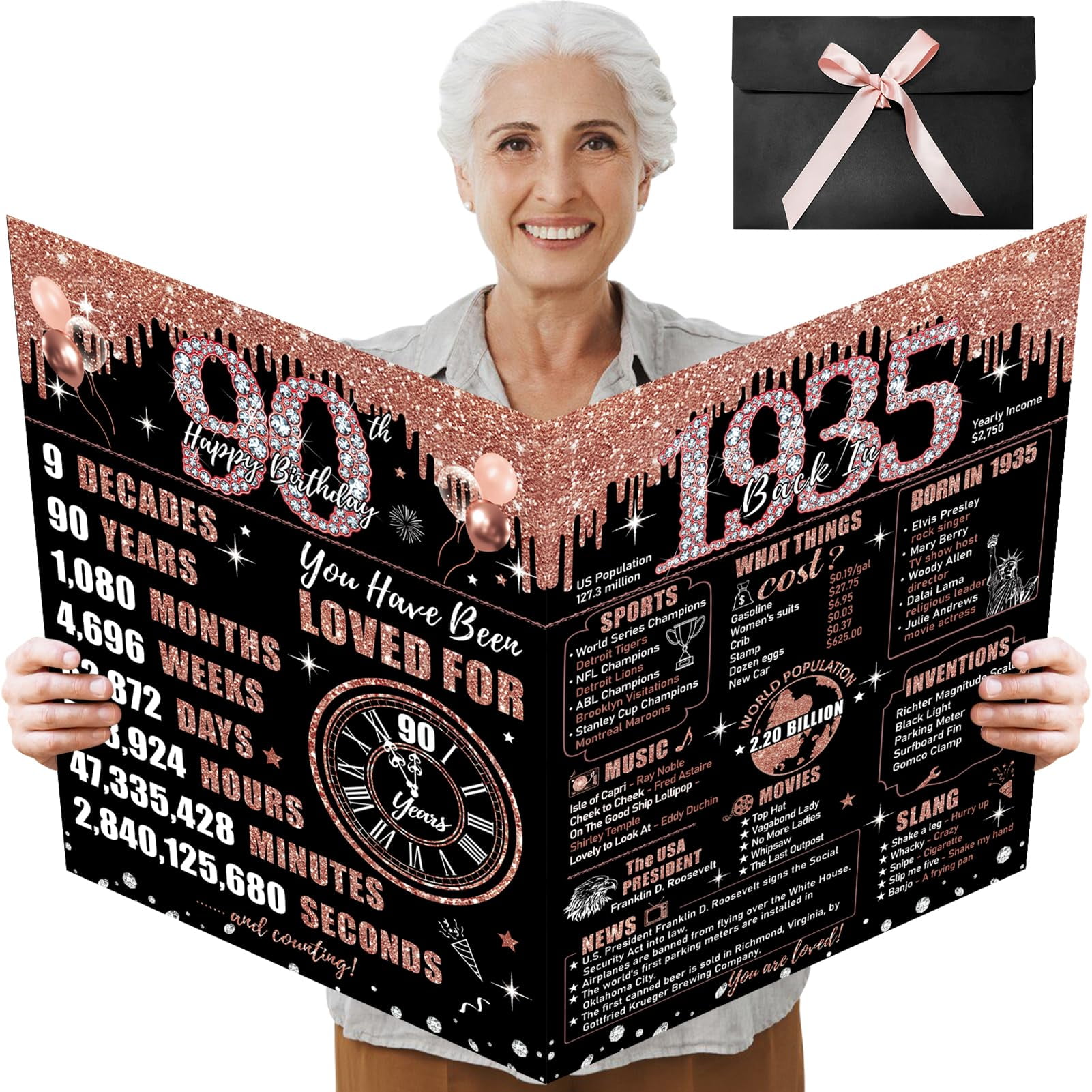 Uiorgui Large 90th Birthday Card for BSL1 Women with Envelope, Black ...