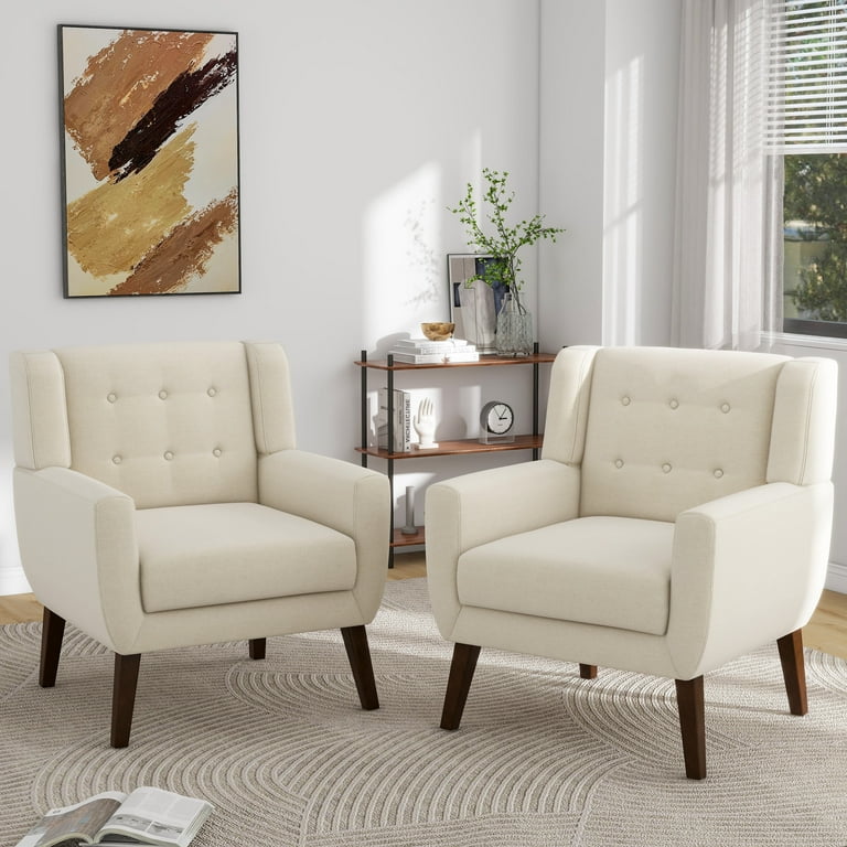 Uixe White Accent Chair Set of 2 Linen Armchair for Living Room Size 28.7 x 29.5 x 35.2