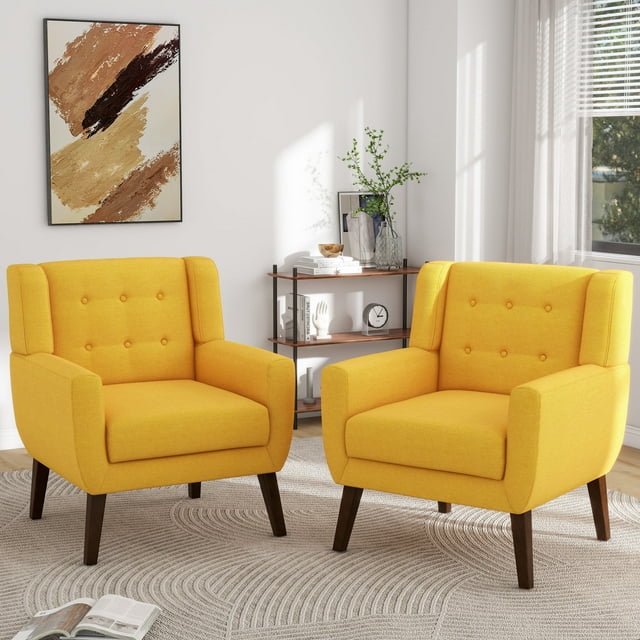Uixe Tufted Modern Yellow Accent Chair Set of 2, Linen Armchair for ...