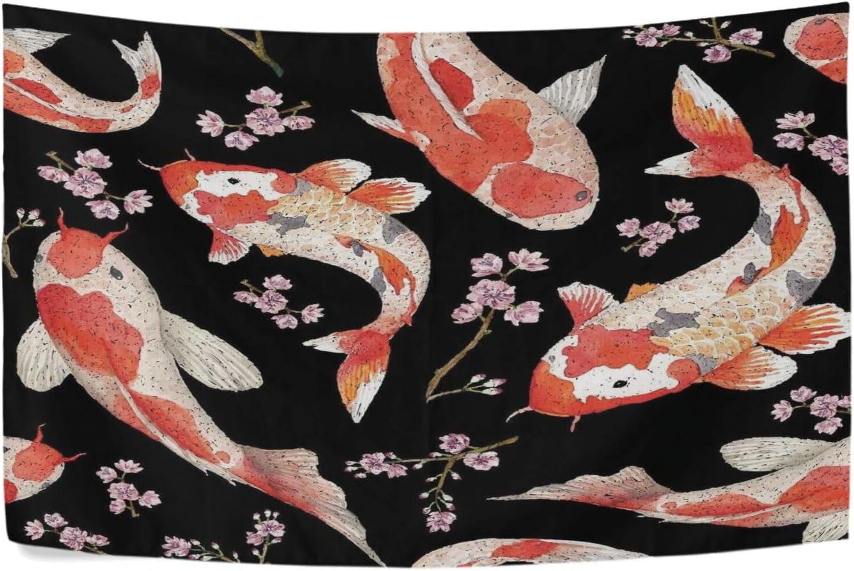 Ukiyoe Fish Floral Black Tapestry Wall Hanging Tapestries Happy ...