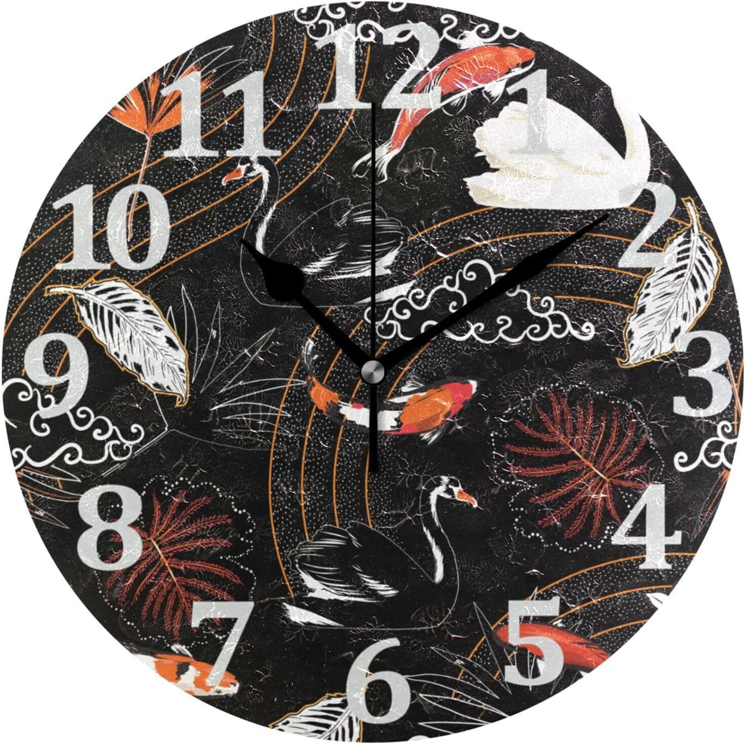 Ukiyoe Fish Swan Wall Clock Round Vintage Silent Non Ticking Battery ...