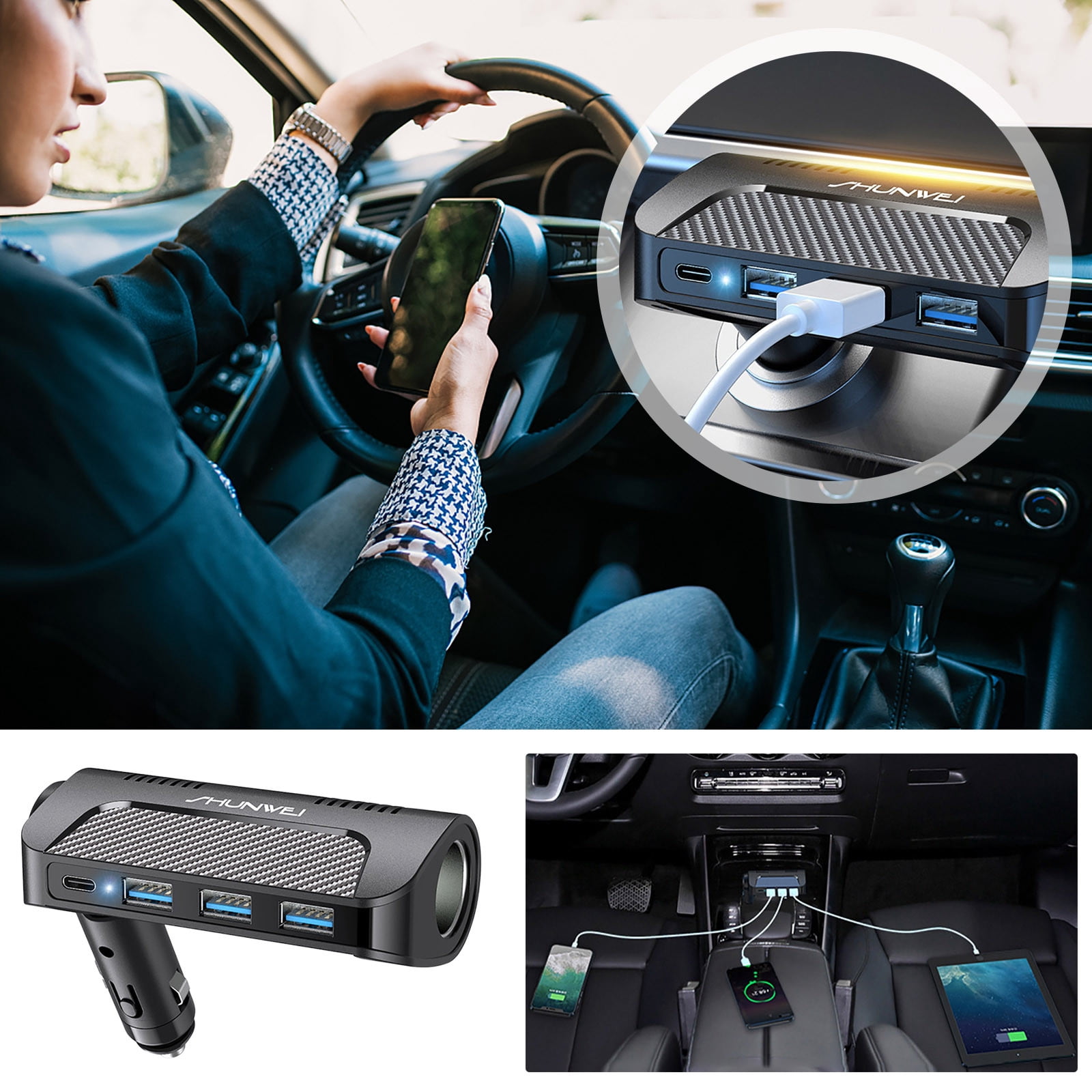 Uklsqma 5A Car Charger with 3 USB Ports and Type-C,PD Fast Charging ...