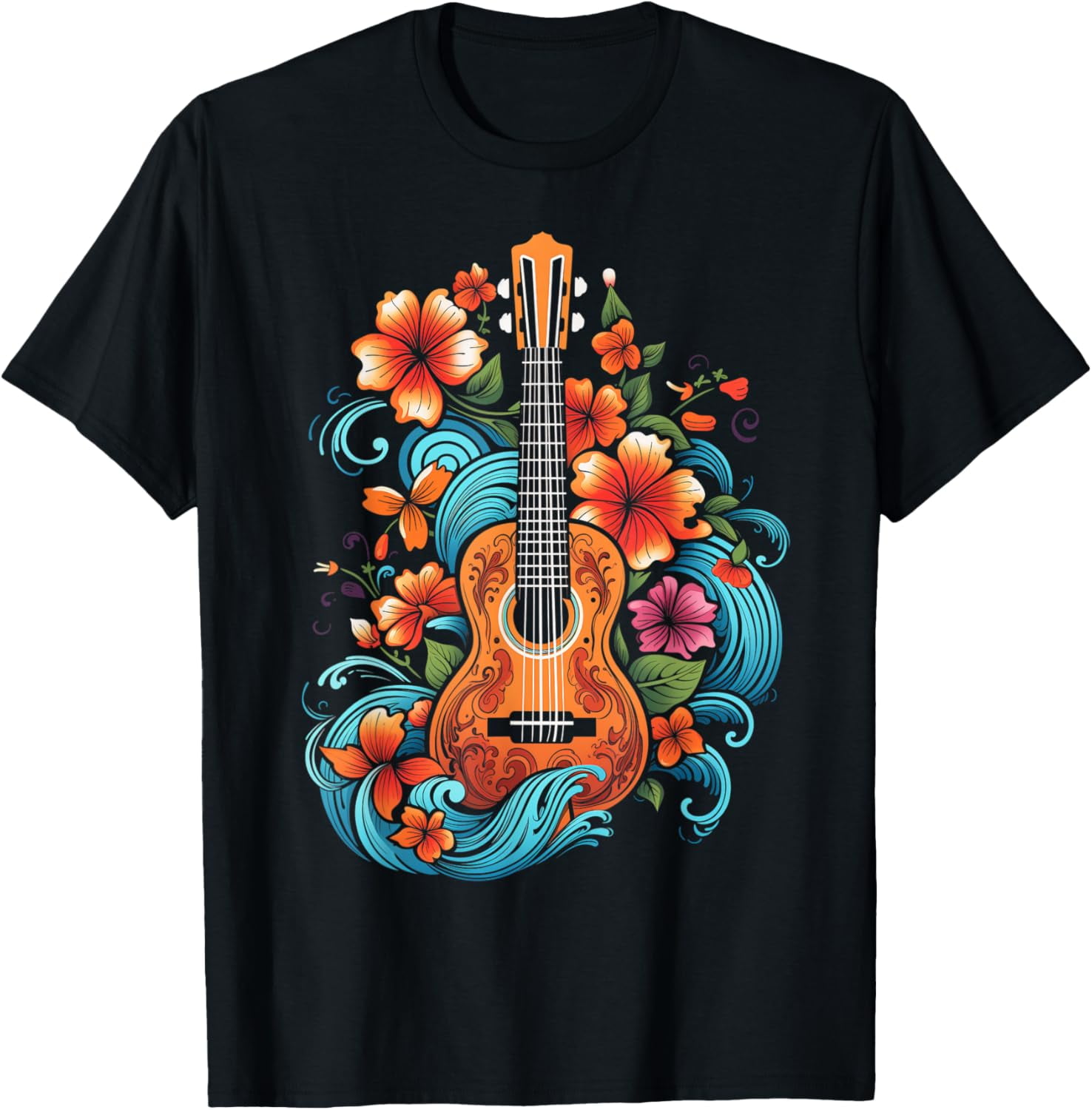 Ukulele Hawaiian Hibiscus Flowers Guitar Hawaii Surfer Uke T-Shirt ...